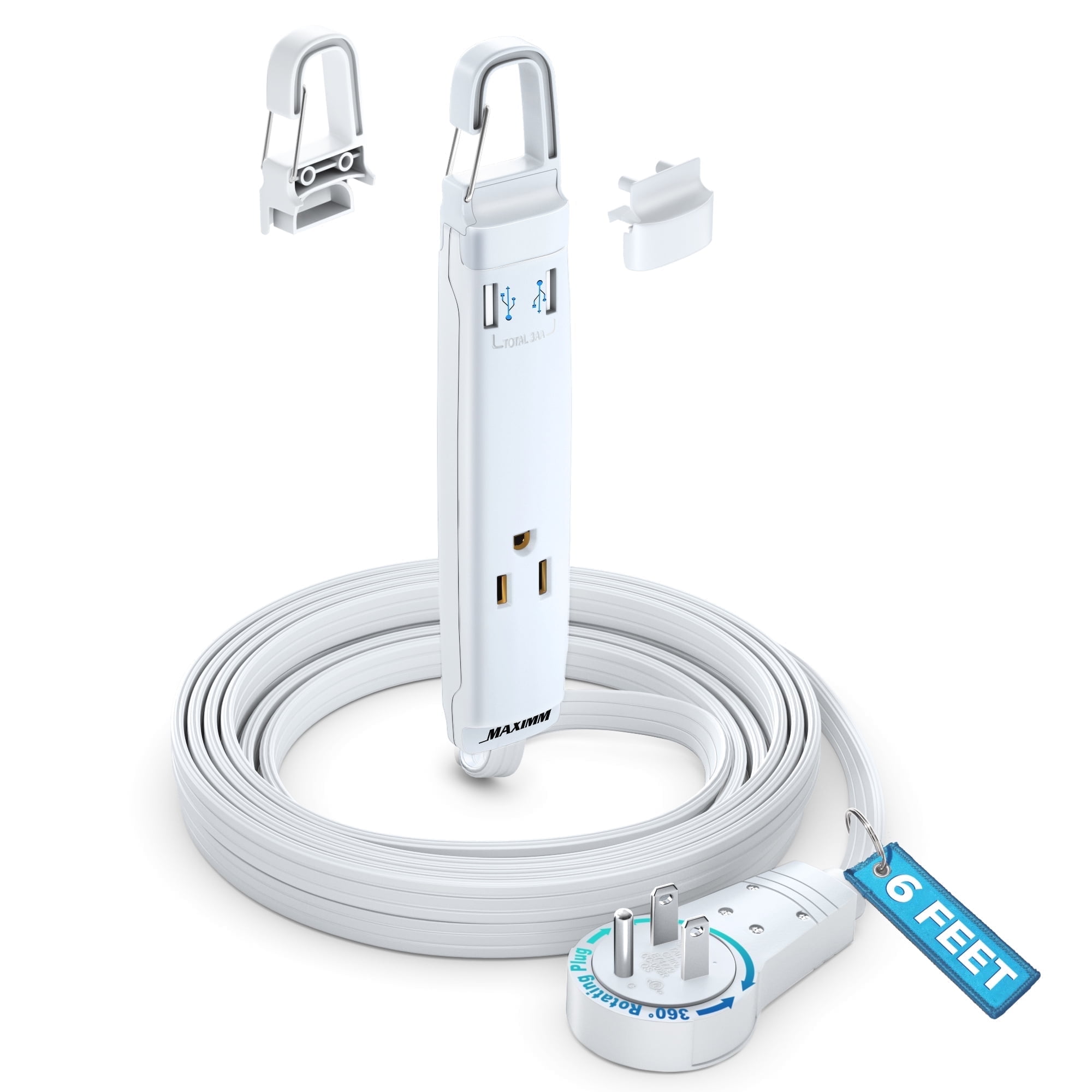 360° Rotating Flat Plug Extension Cord with USB Ports and a Removable ...
