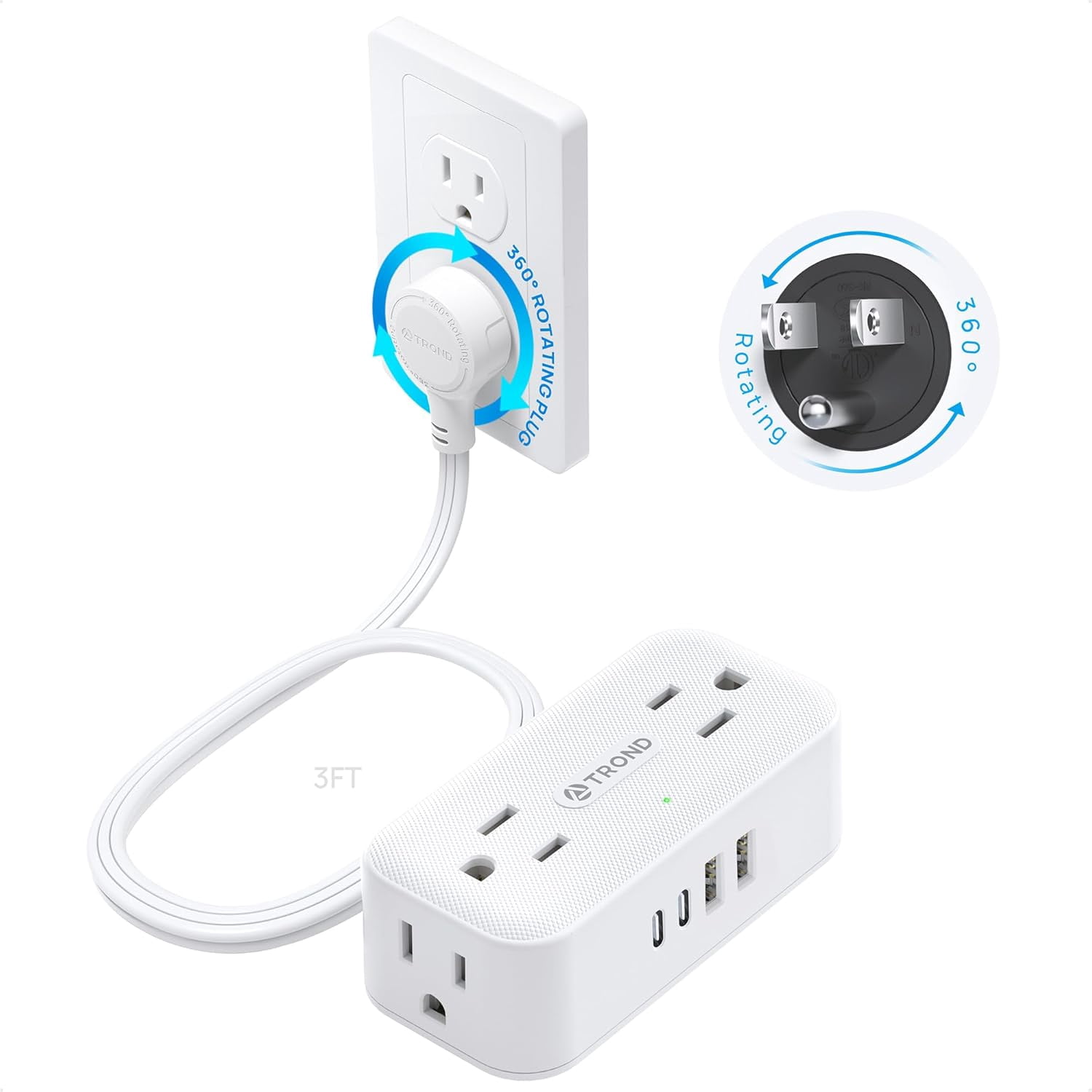 360° Rotating Flat Plug Power Strip, 3FT Extension Cord with 4 USB ...