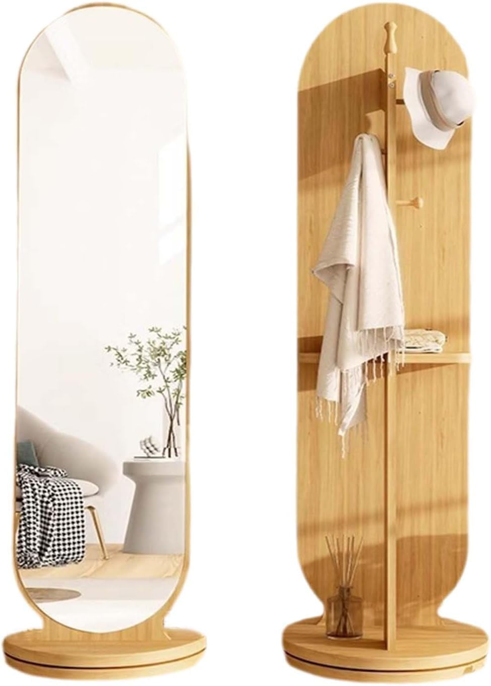 360° Rotating Full Length Mirror, 2-in-1 Wood Floor Mirror and Coat ...