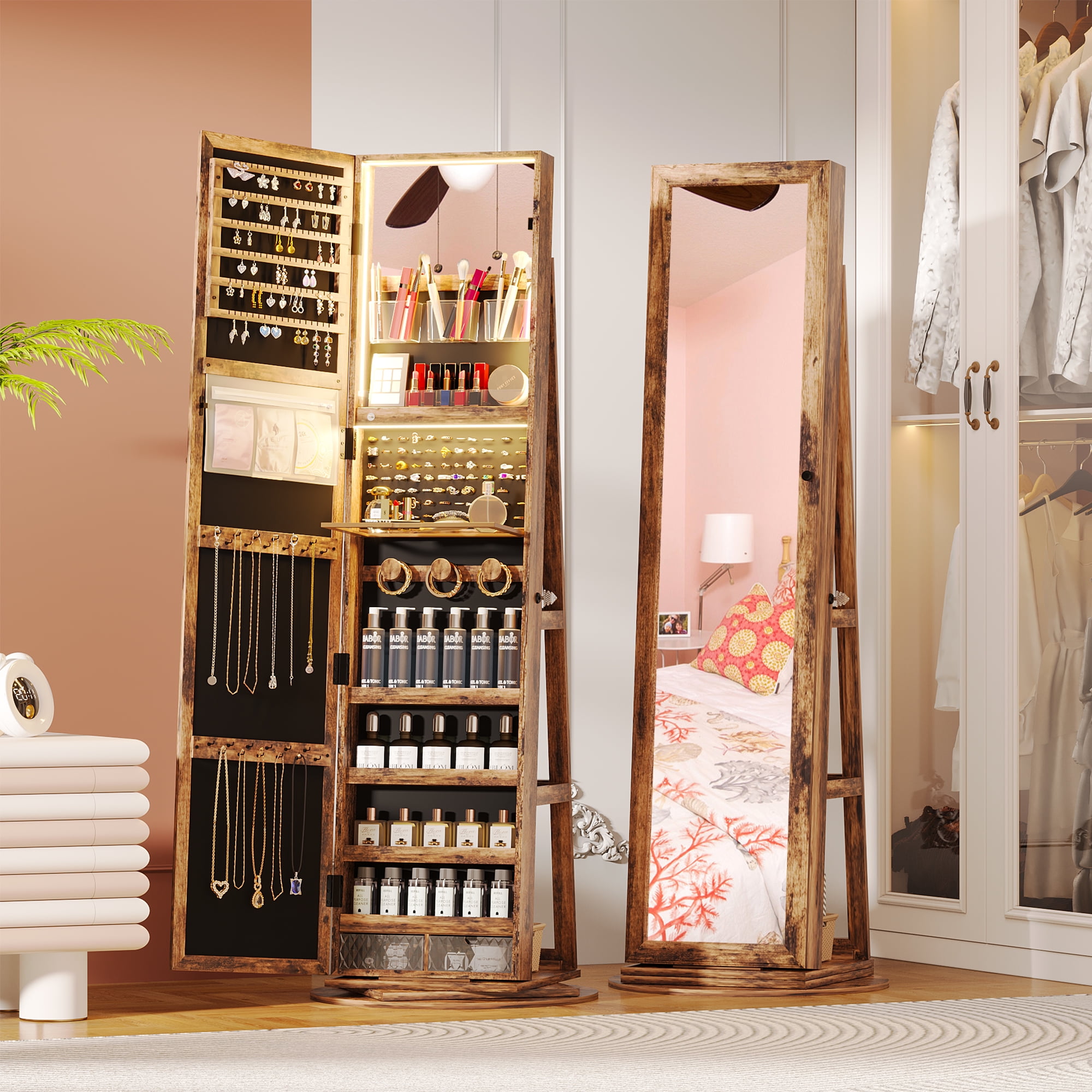 360° Rotating Full Length Mirror Jewelry Armoire, 63” Large Capacity ...