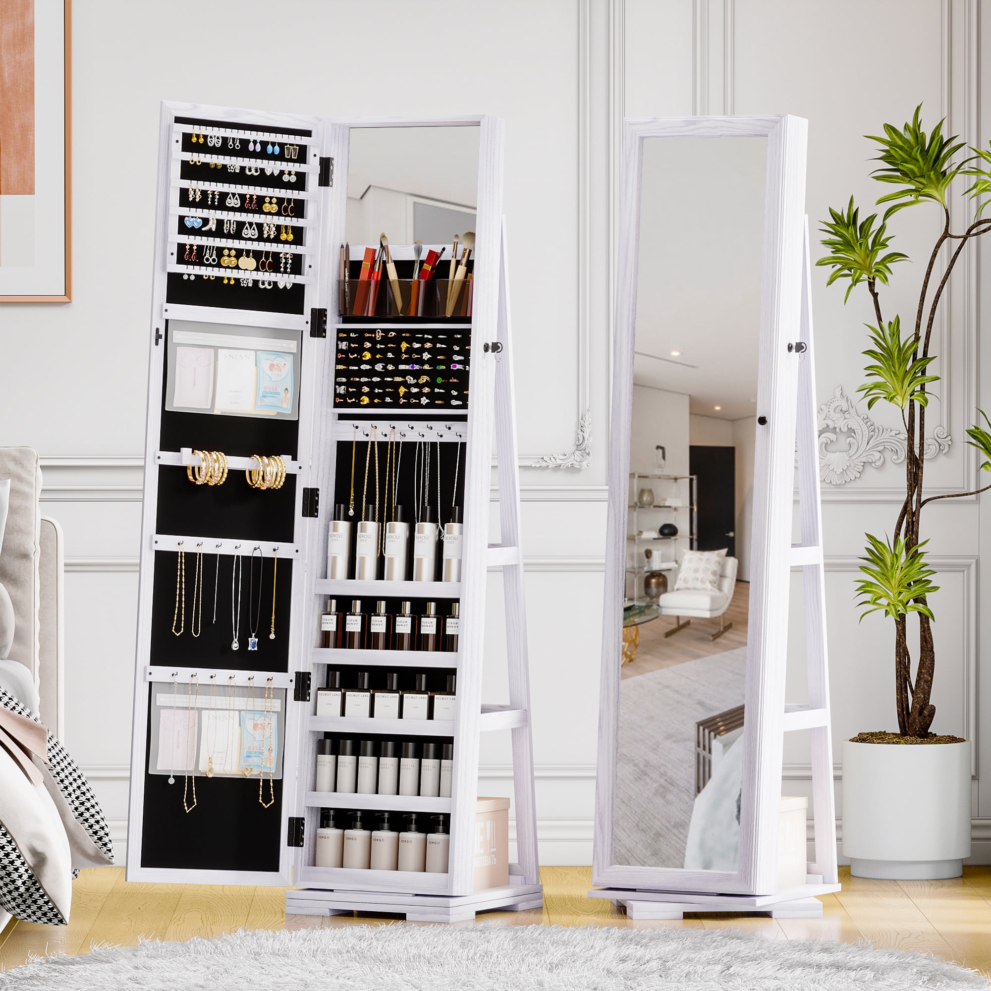 360° Rotating Full Length Mirror Jewelry Armoire, 66” Large Capacity ...