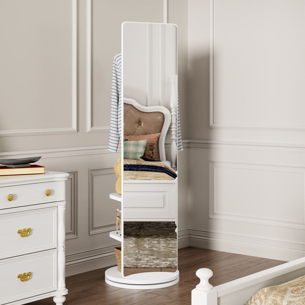 360° Rotating Full Length Mirror with Storage Rack – 66"x14" Solid Wood ...