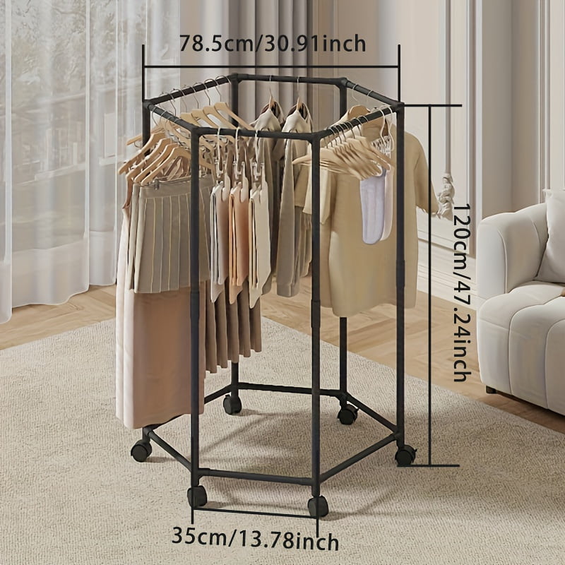 360° Rotating Hexagonal Clothes Drying Rack with Wheels Space Saving ...
