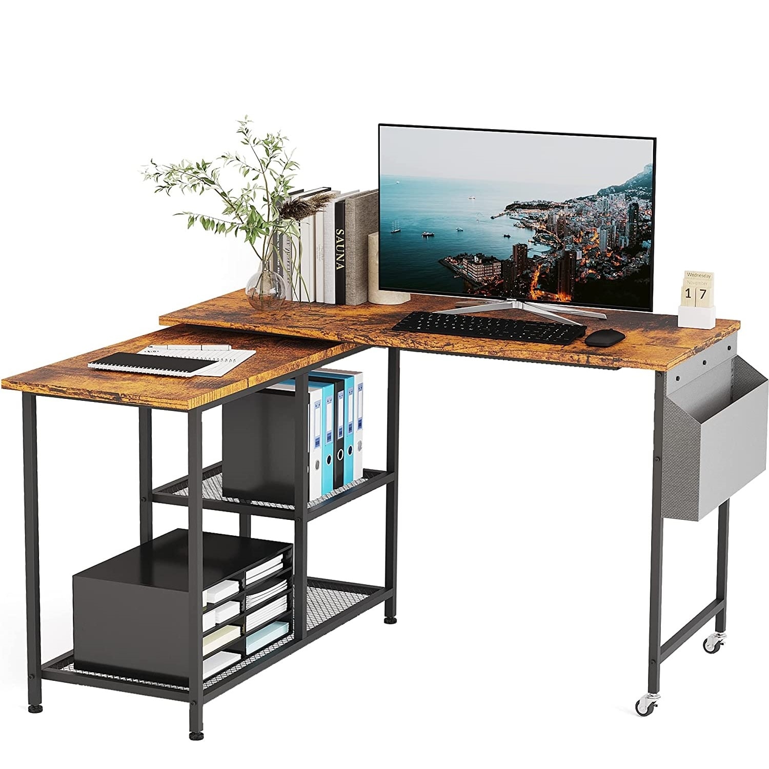 360°Rotating Home Office Desk, L-Shaped Corner Computer Desk with ...