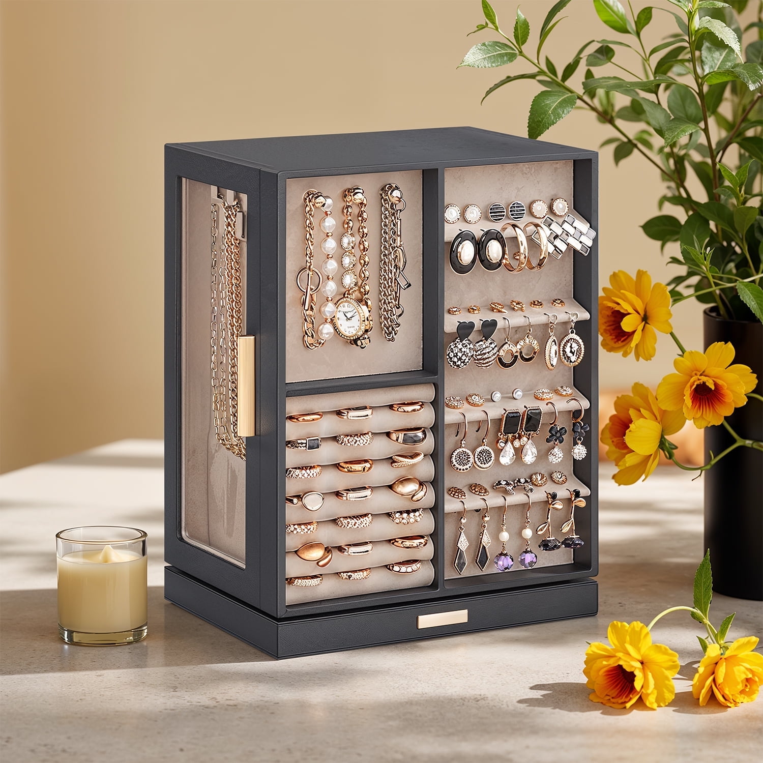 360° Rotating Jewelry Box, 5-Drawer Organizer, Glass Window, Spacious ...