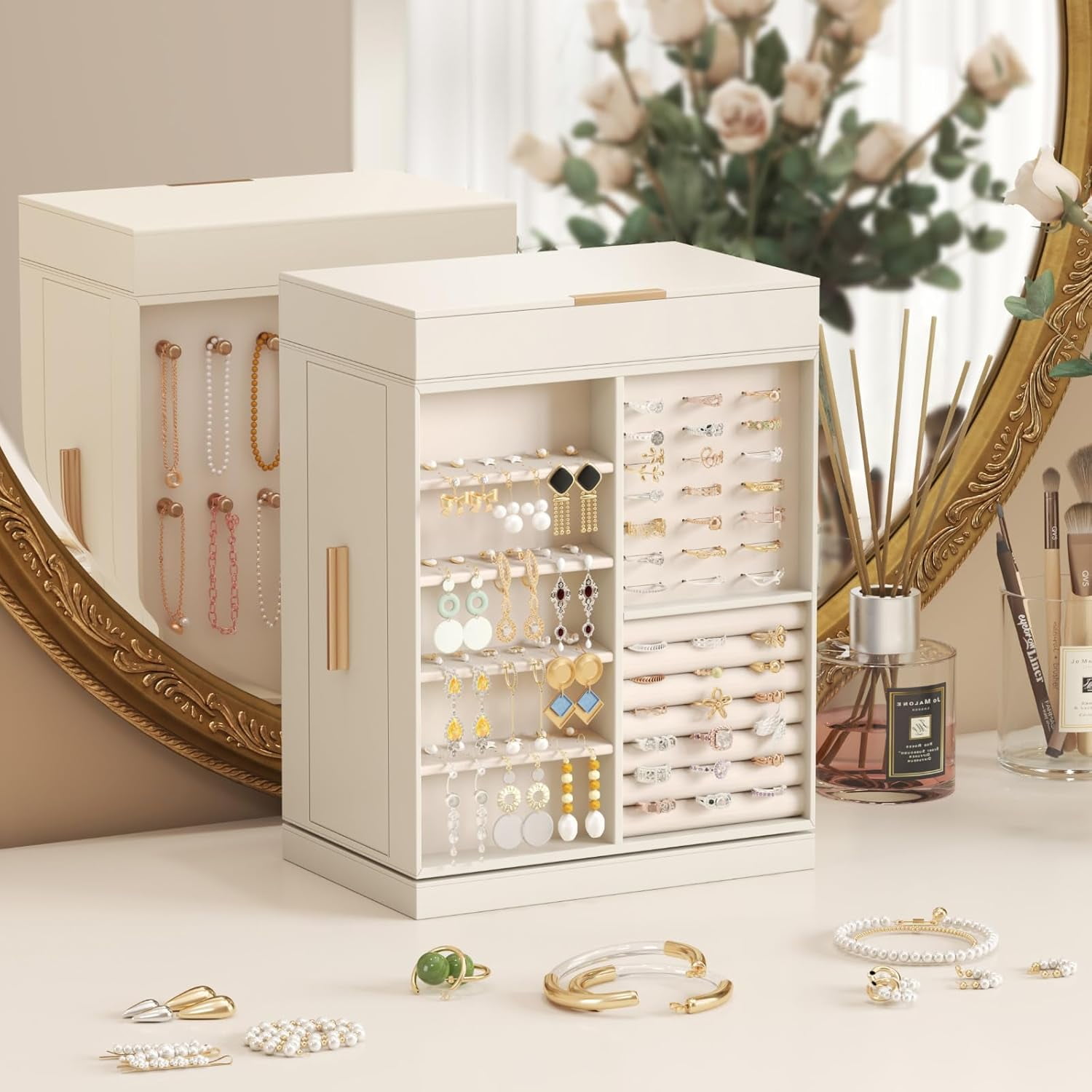 360° Rotating Jewelry Box, Top Magnetic Box wth Mirror, 2 Sides Plus 2 ...