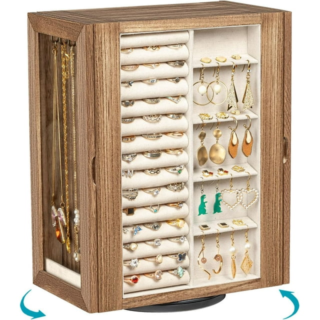 360° Rotating Jewelry Box for Women, Wooden Large Jewelry Organizer ...