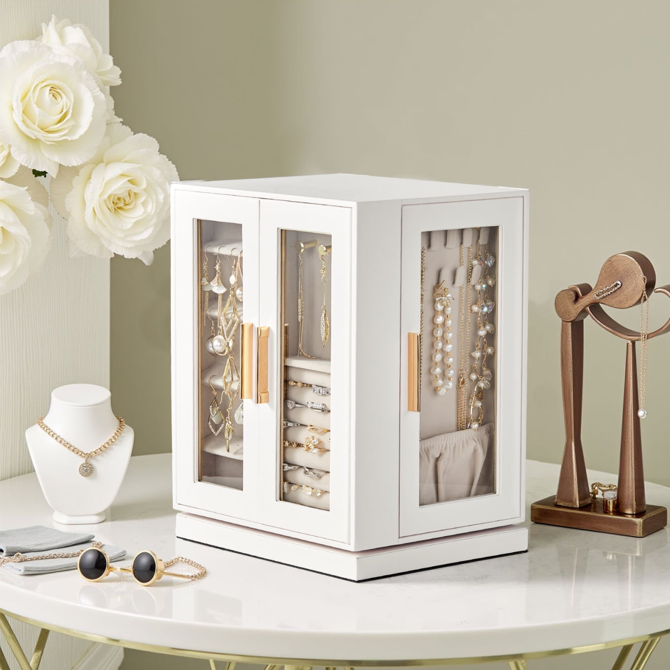 360° Rotating Jewelry Box with 5 Drawers, PU Leather Jewelry Organizer ...