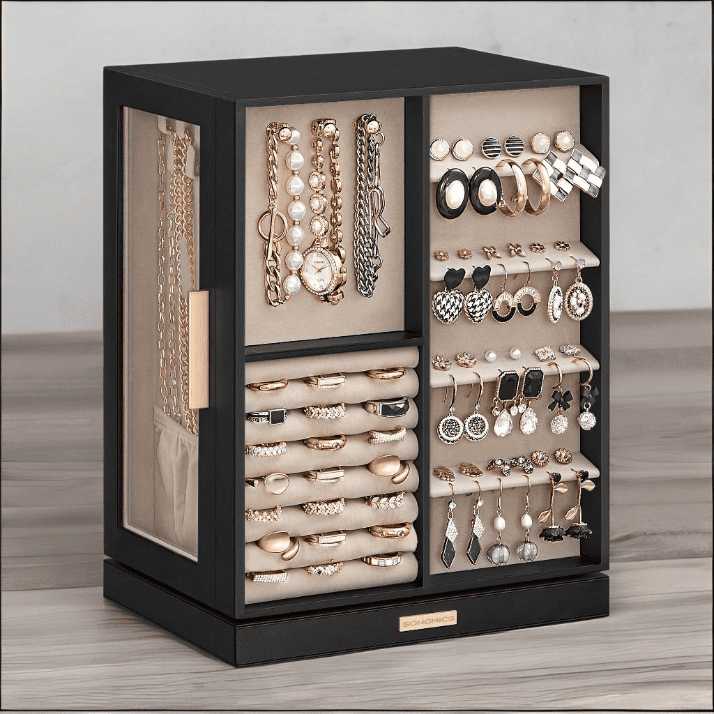SONGMICS Jewelry Cabinet, 360° Rotating Box with Glass Window, 5 ...
