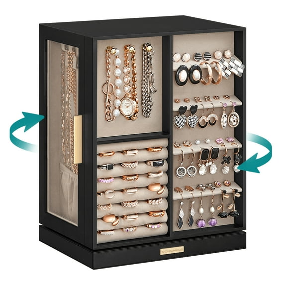 SONGMICS HOME 360° Rotating Jewelry Box, Glass Window, 5 Drawers ...