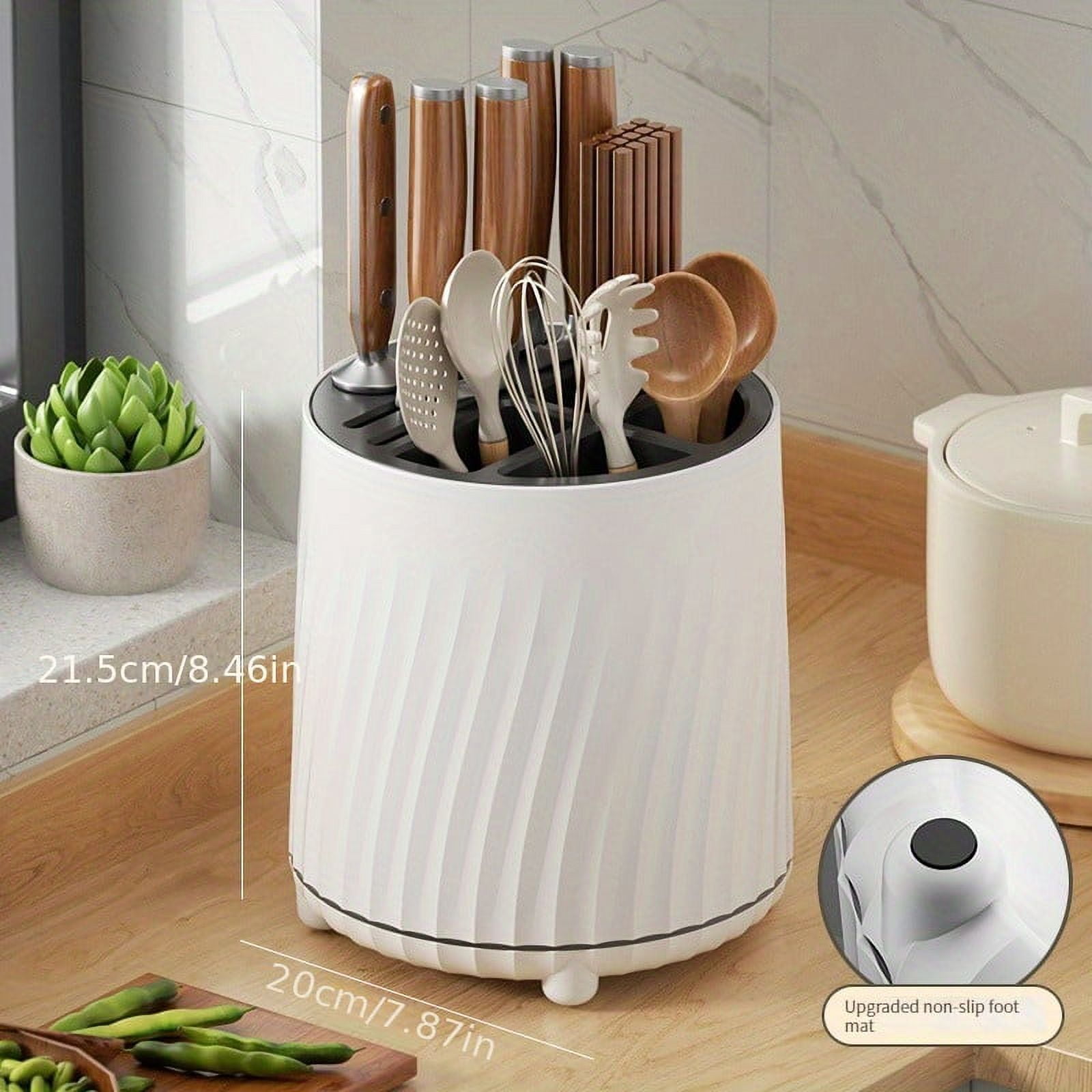 360° Rotating Knife & Utensil Holder - Sleek White Kitchen Storage Rack ...