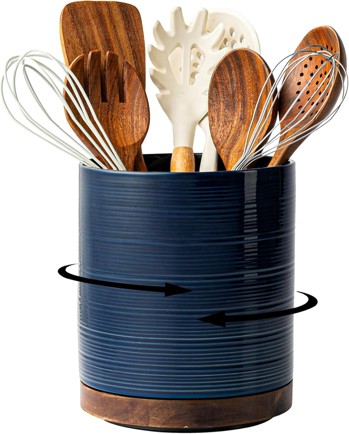 360° Rotating Large Ceramic Utensil Holder with Wooden Base, Extra Tall ...