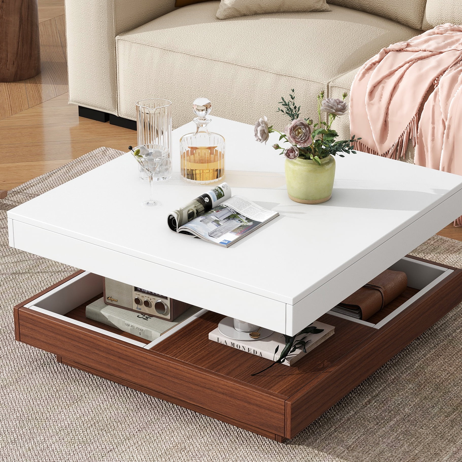 360° Rotating Living Room Side Table, Detachable Trays, White And ...