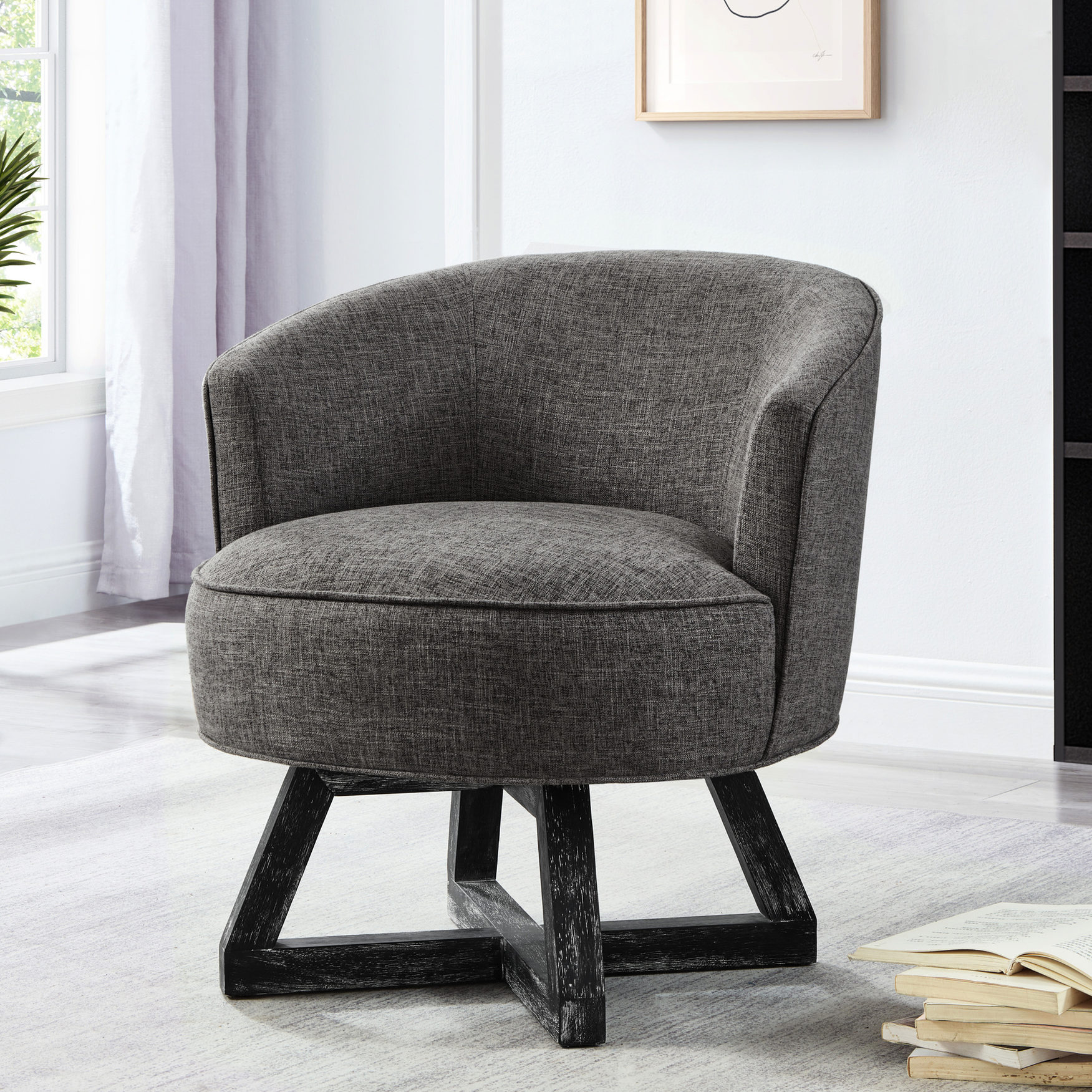 360° Rotating Lounge Chair / Ergonomic design, gray linen upholstery ...