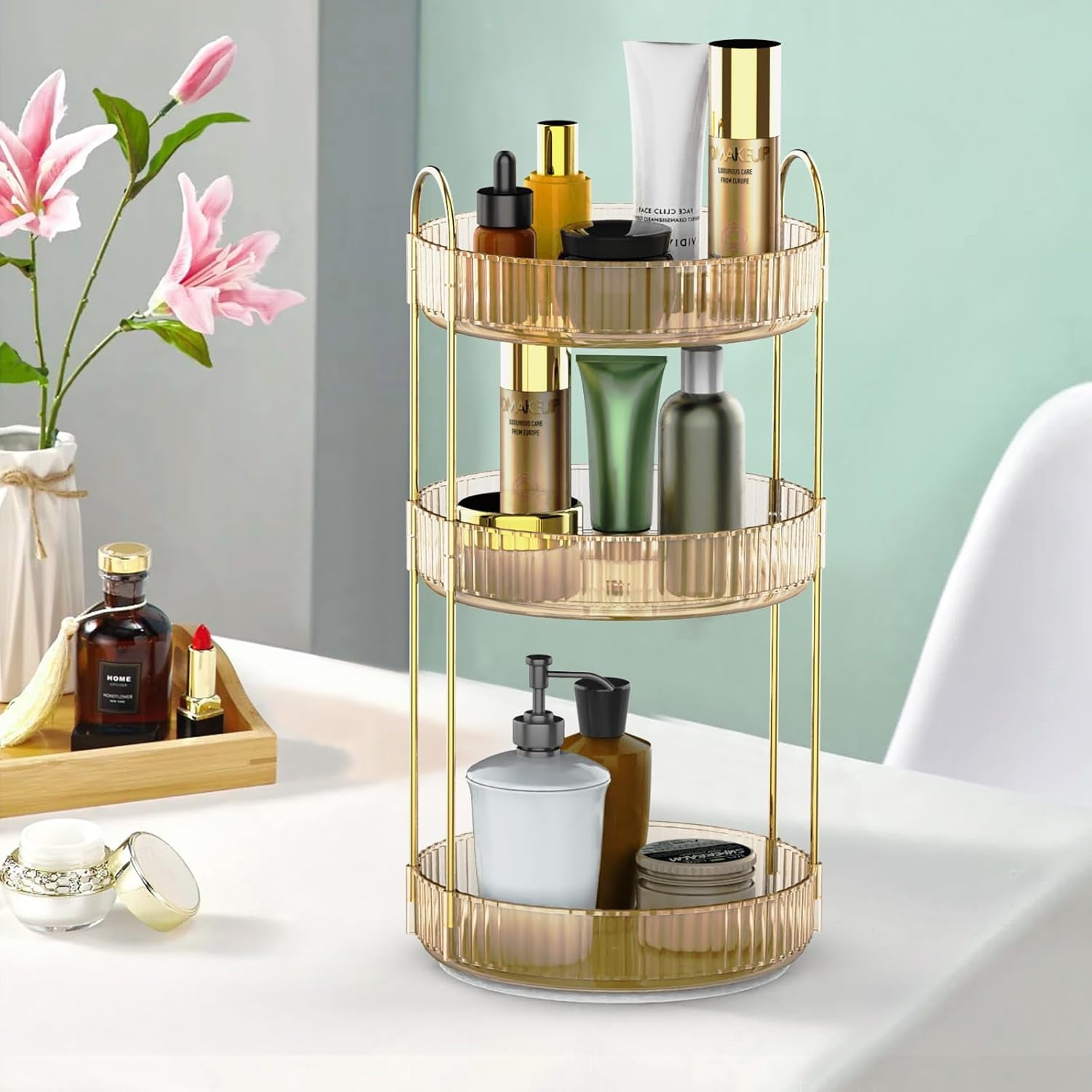360 Rotating Makeup Organizer for Vanity - Spinning Bathroom Organizer ...