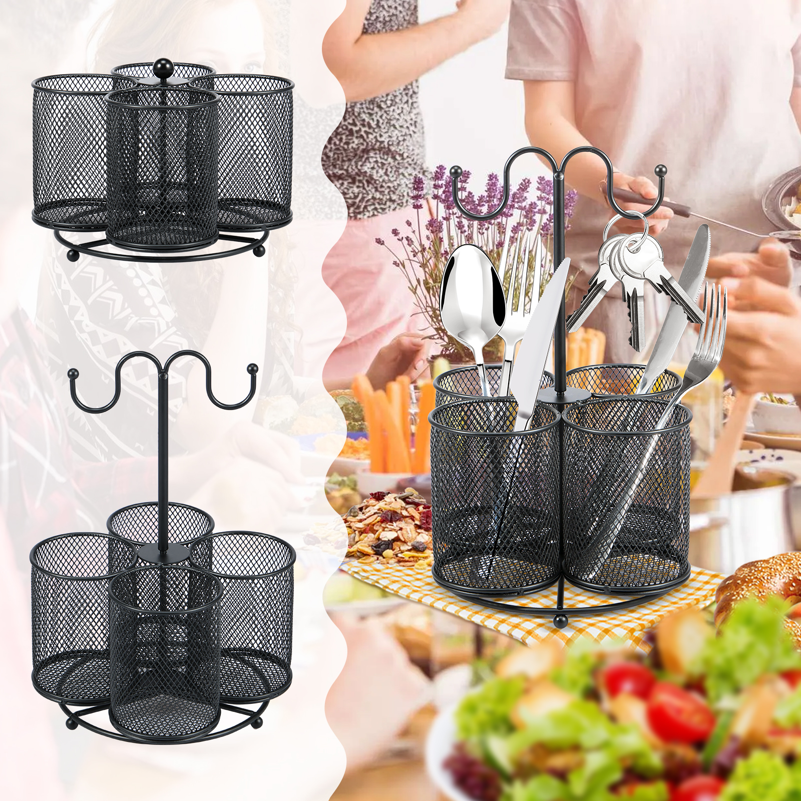 360° Rotating Metal Utensil Caddy - 4 Compartment Silverware Cutlery ...