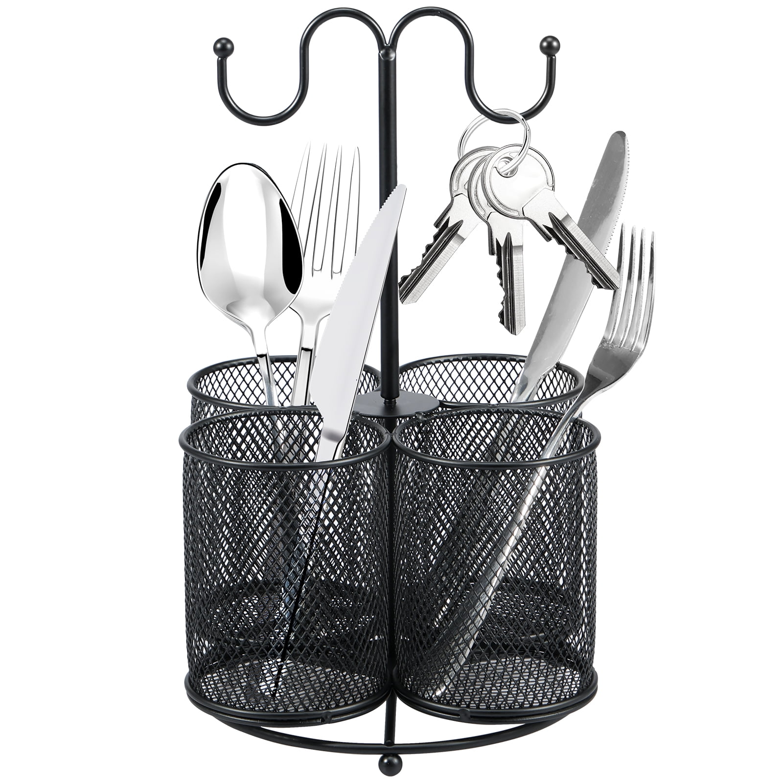 360° Rotating Metal Utensil Caddy - 4 Compartment Silverware Cutlery ...