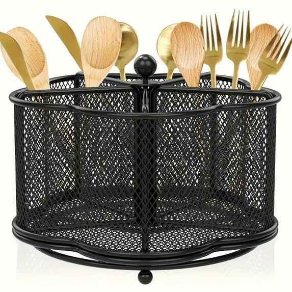 360° Rotating Metal Utensil Holder, 5 Compartments Cutlery Organizer ...