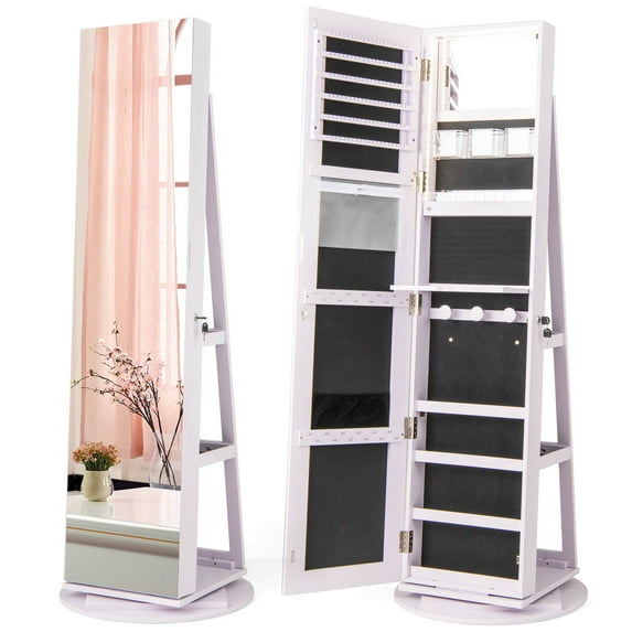 360° Rotating Mirrored Jewelry Cabinet Armoire 3 Color LED Modes ...