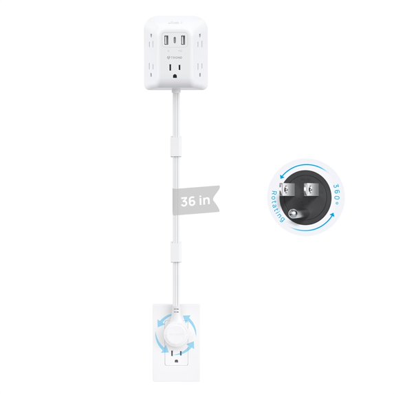 360° Rotating Plug Outlet Extender - 36IN Exte on Cord, Multi Plug Wall ...