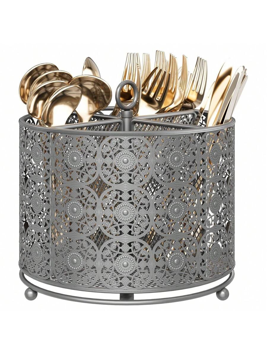 360° Rotating Silverware Caddy - 4-Compartment Countertop Organizer w ...