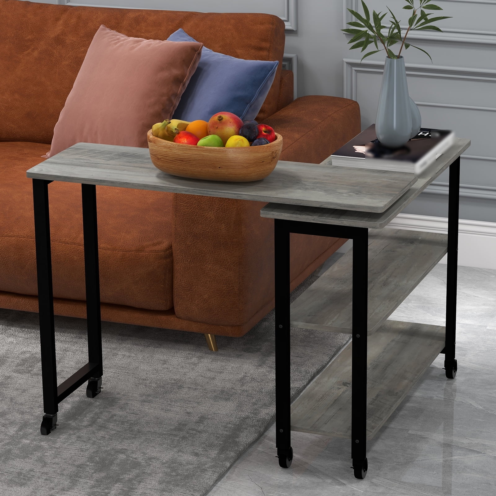 360° Rotating Sofa Side Table, Mobile End Table with 2-Tier Storage ...