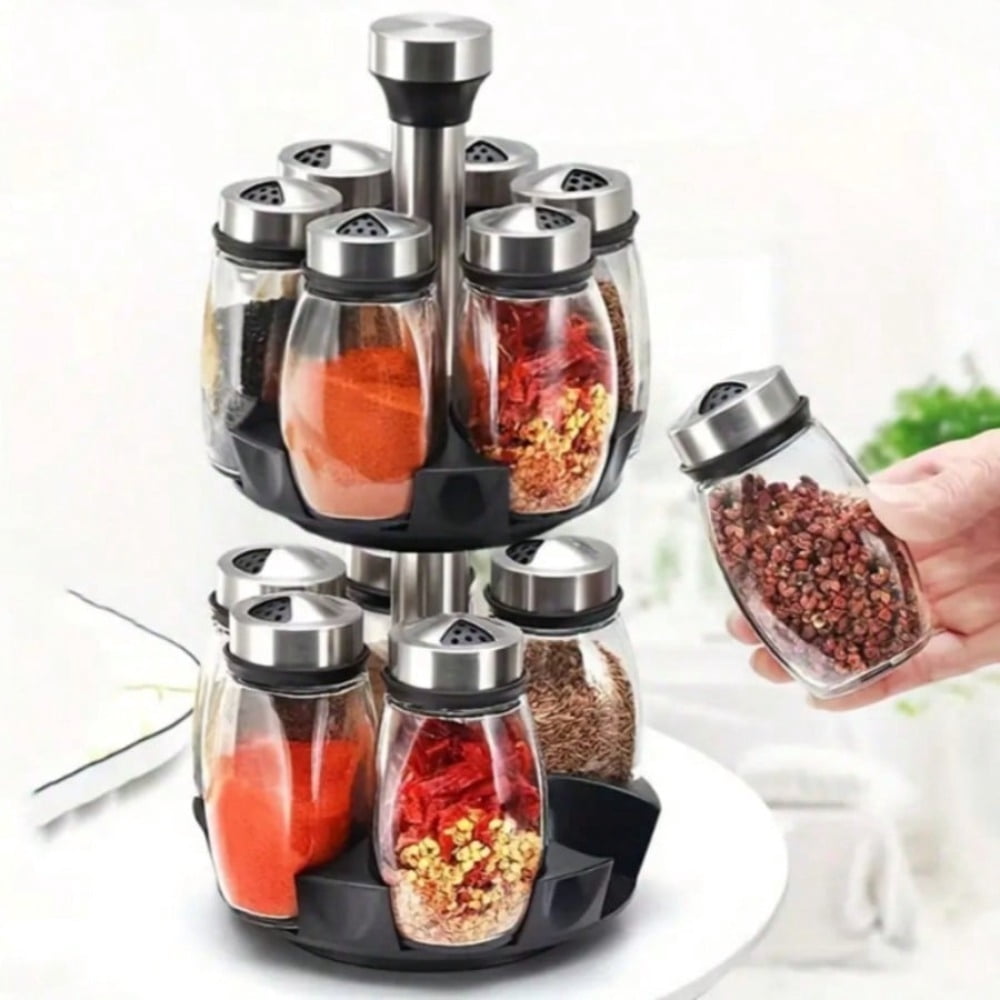 360° Rotating Spice Rack Tower with Glass Jars, Saves Counter Space ...