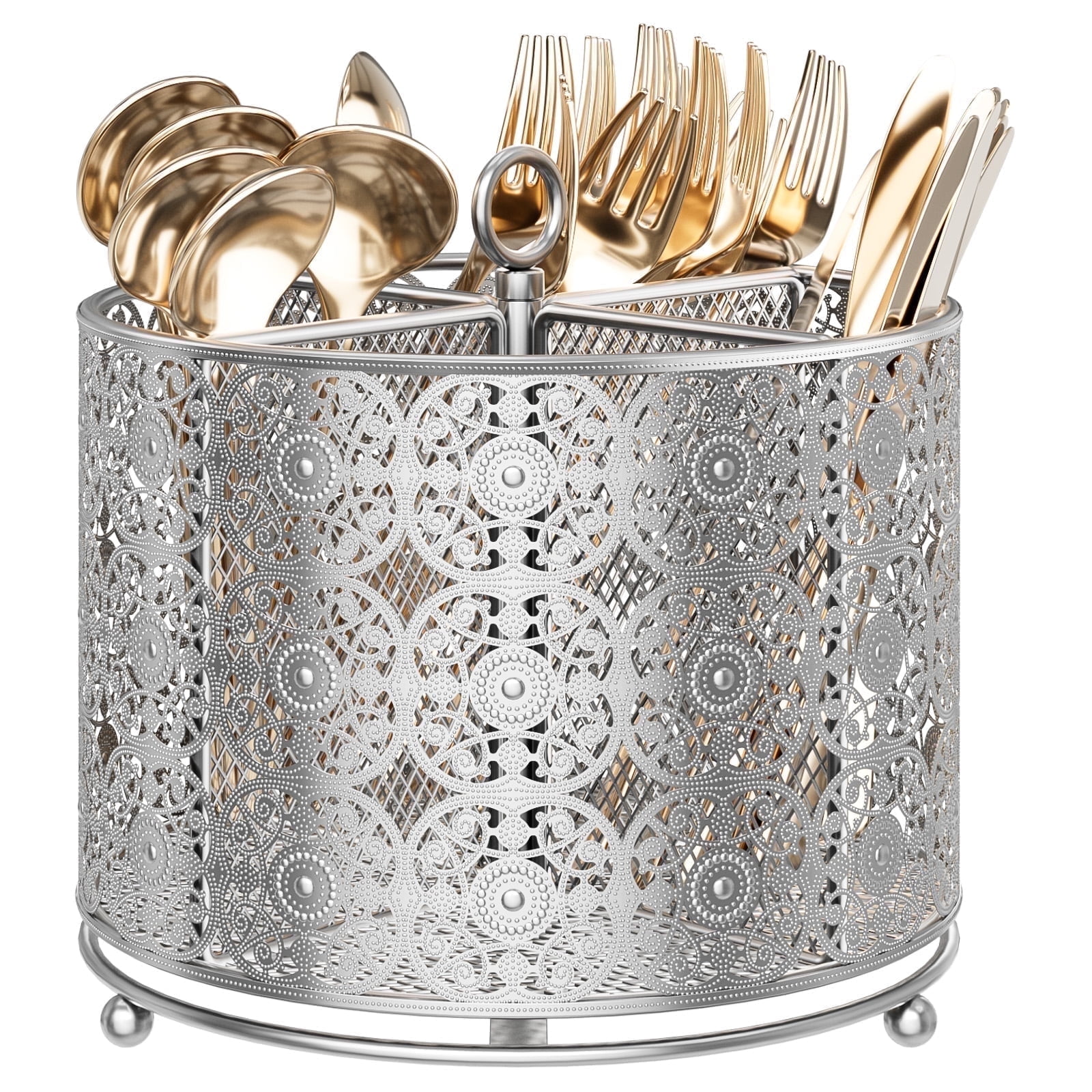 "EKNITEY 360° Rotating Utensil Caddy, 4-Compartment Mesh Silverware ...
