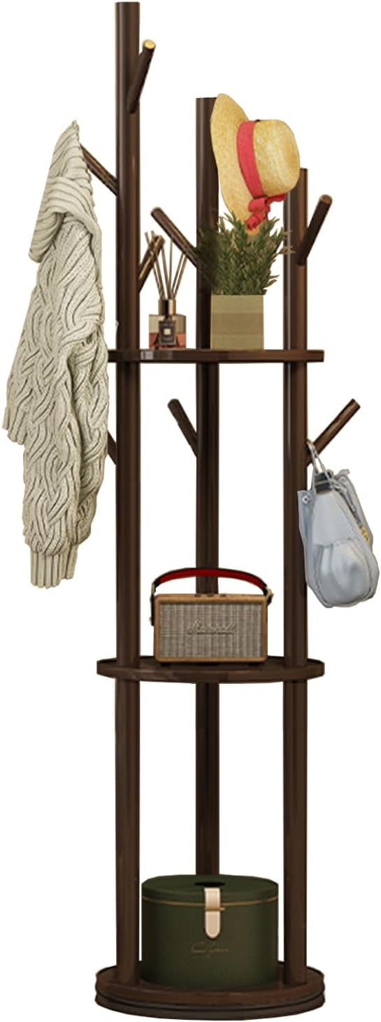 360° Rotating Wood Coat Rack Stand with Hooks and Shelves, Freestanding ...
