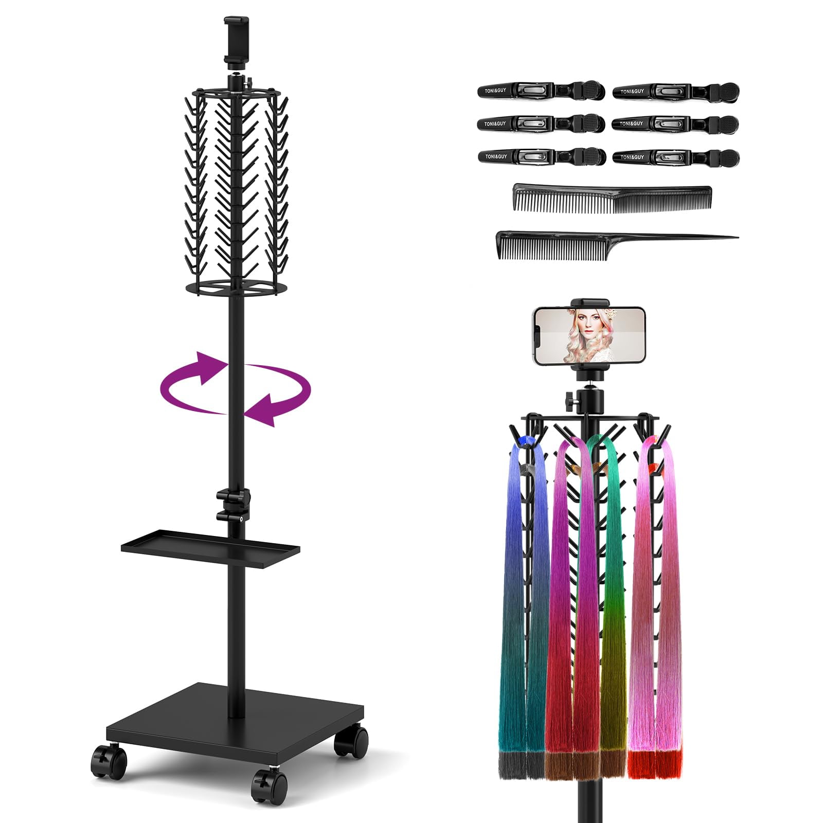 360° Rotation Braiding Hair Rack with Tray&120 Pegs Braiding Hair ...