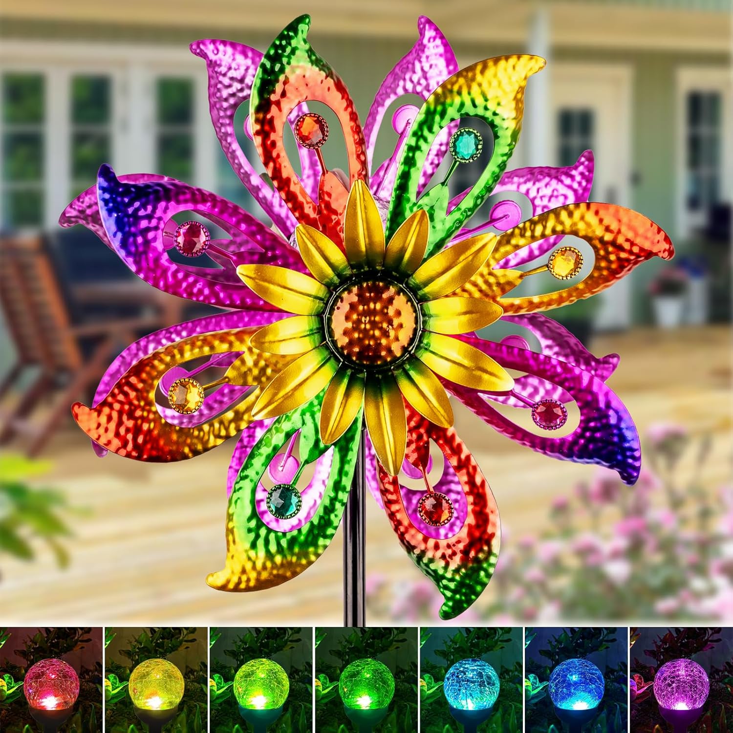 360°Solar Wind Spinner with Lights Sunflower Garden Outdoor Decor Yard ...