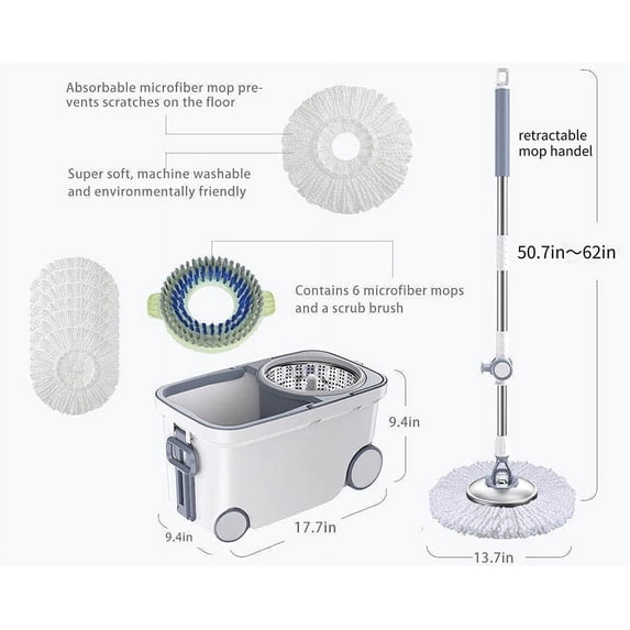 360 Spin Mop Bucket with 6 Microfiber Refills, 62" Extendable Handle ...