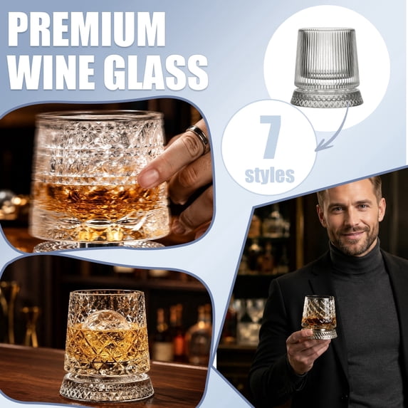 360° Spinning 9Oz Whiskey Glass with Embossed Base, Clear Textured ...