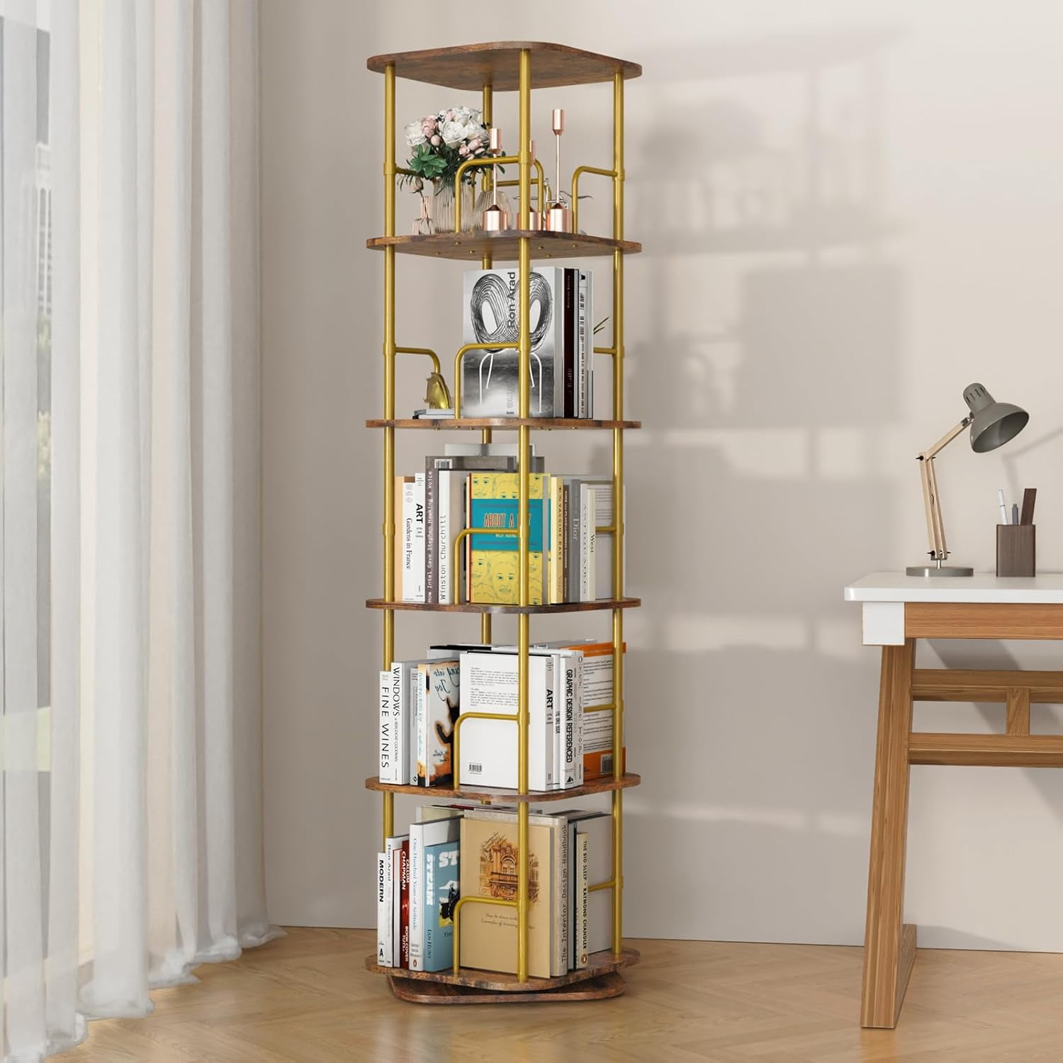 360° Spinning Bookshelf Tower - Space Saving Floor Standing Corner ...