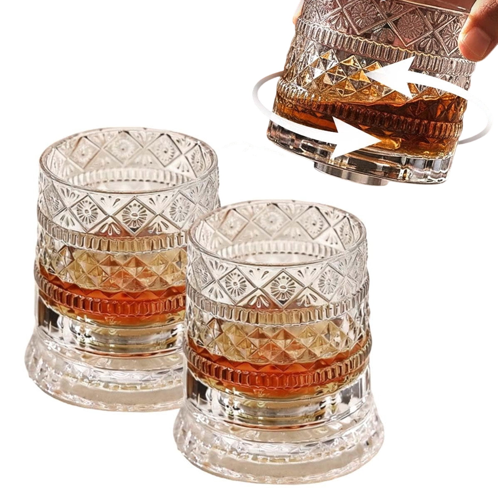 360° Spinning Crystal Glass with Heavy Relief Base, Elegant Whiskey ...
