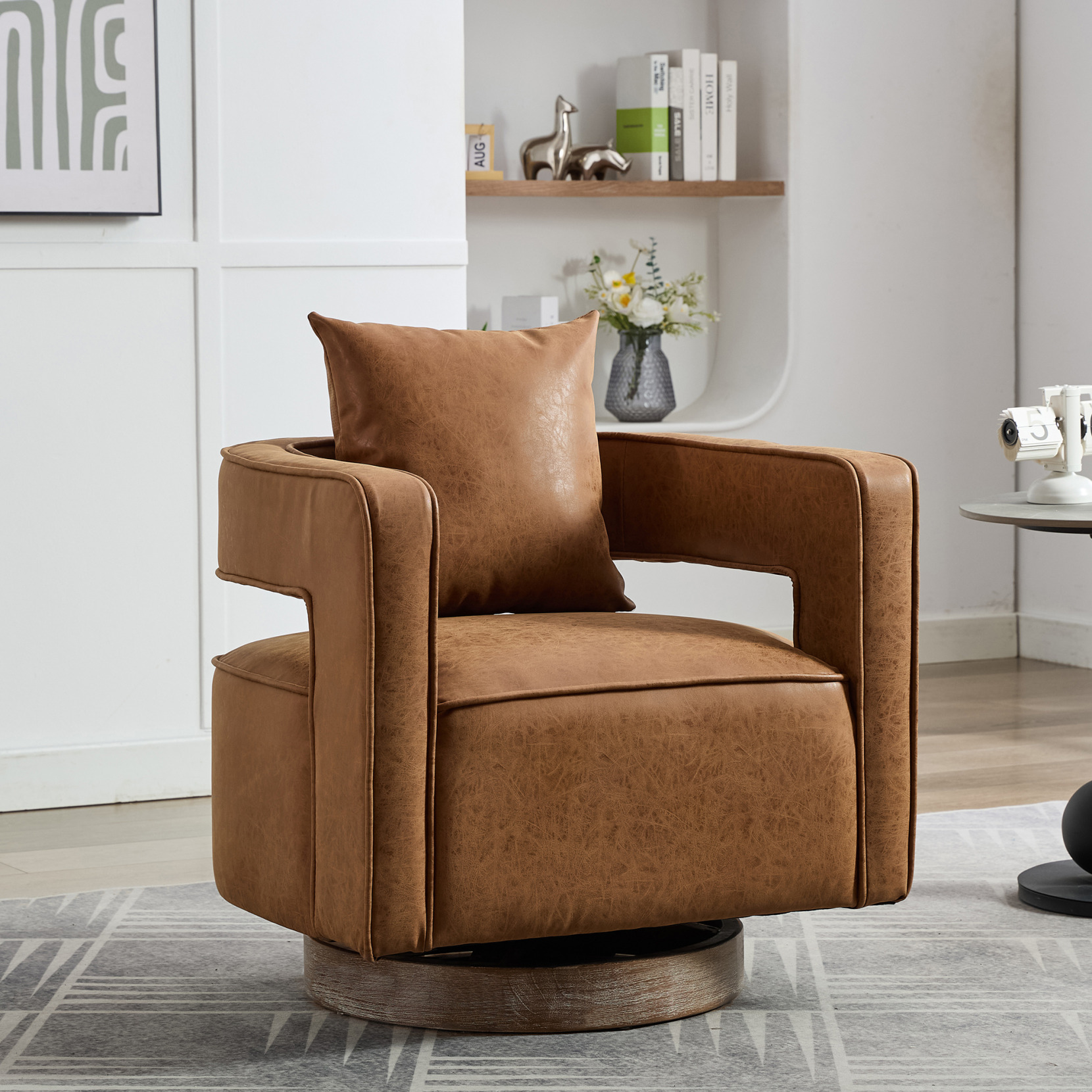 360° Swivel Accent Armchair with Open Back, Round Barrel Chair with ...