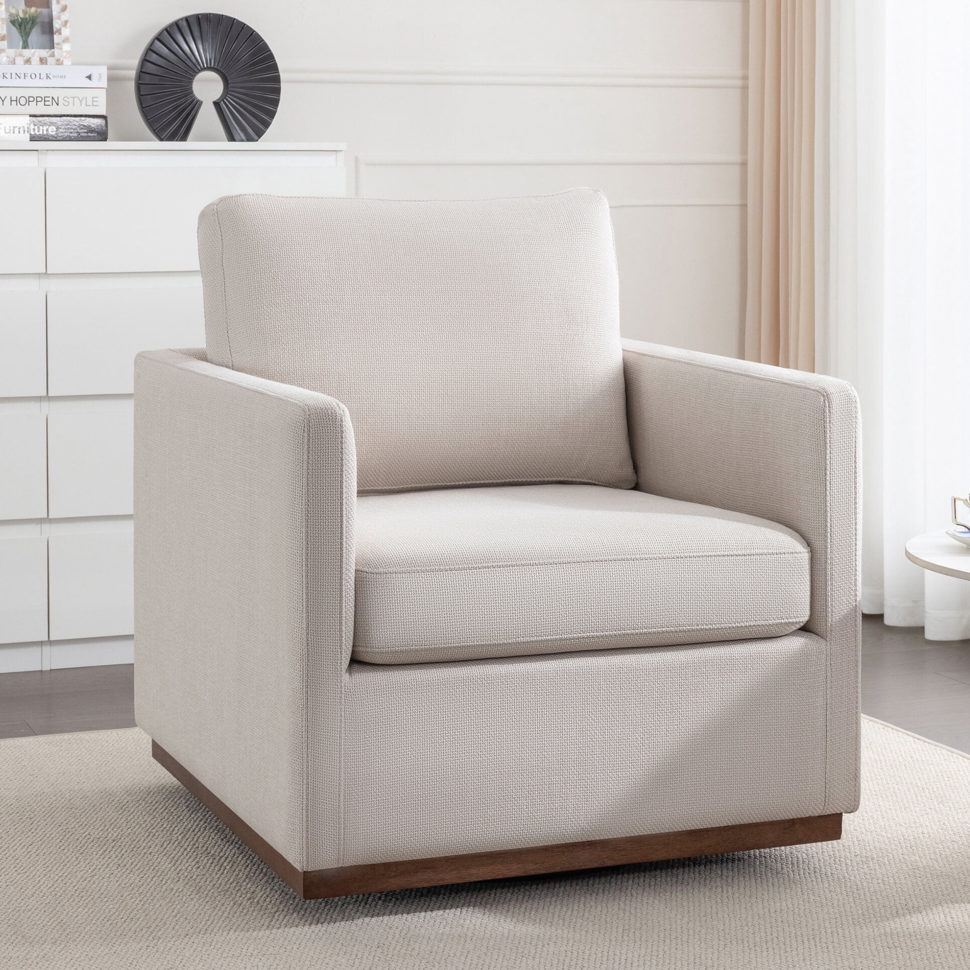 360° Swivel Accent Chair, Linen Upholstered Single Sofa Chair with Back ...