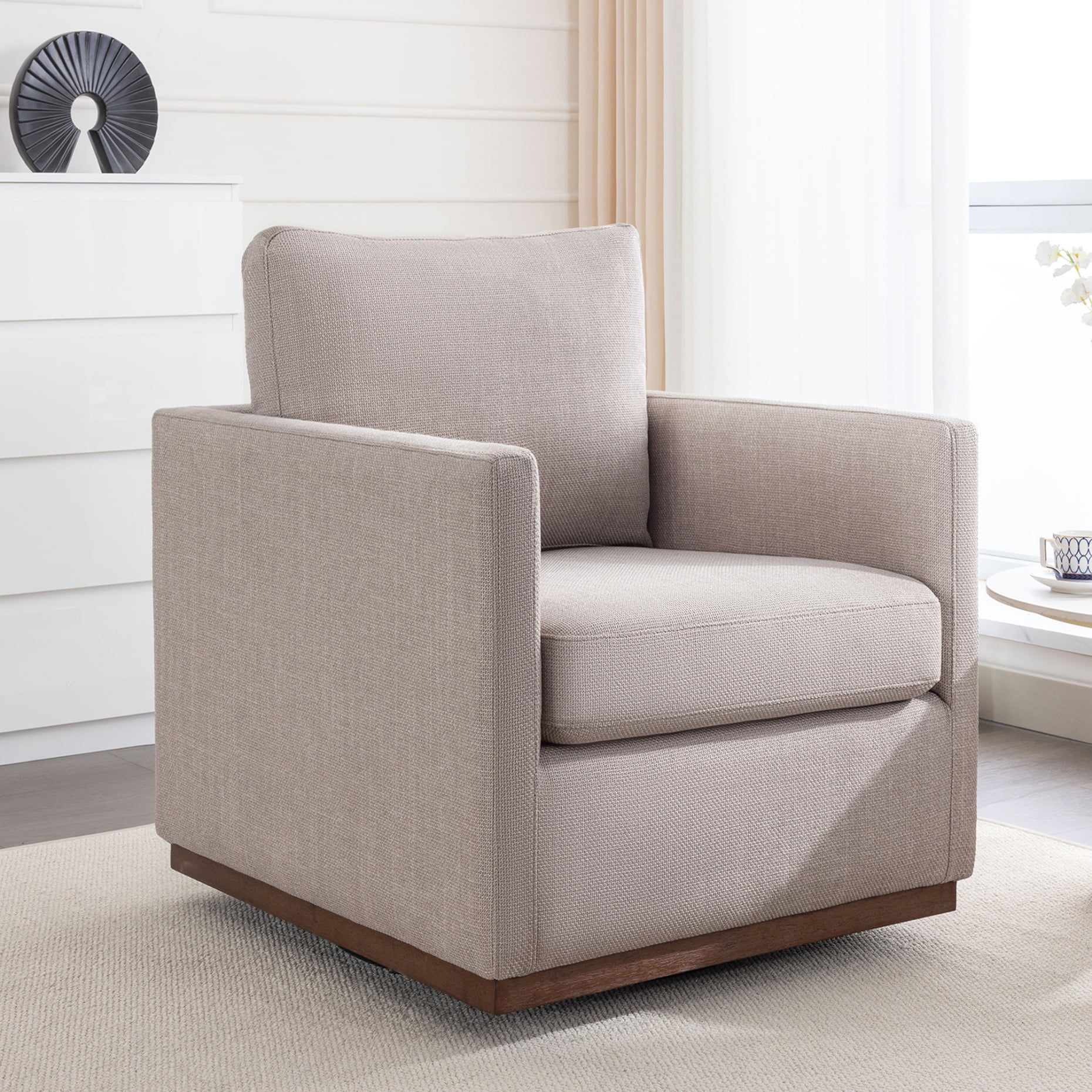 360° Swivel Accent Chair, Modern Linen Armchair, Mid Century Comfy Single Sofa Chair Barrel ...
