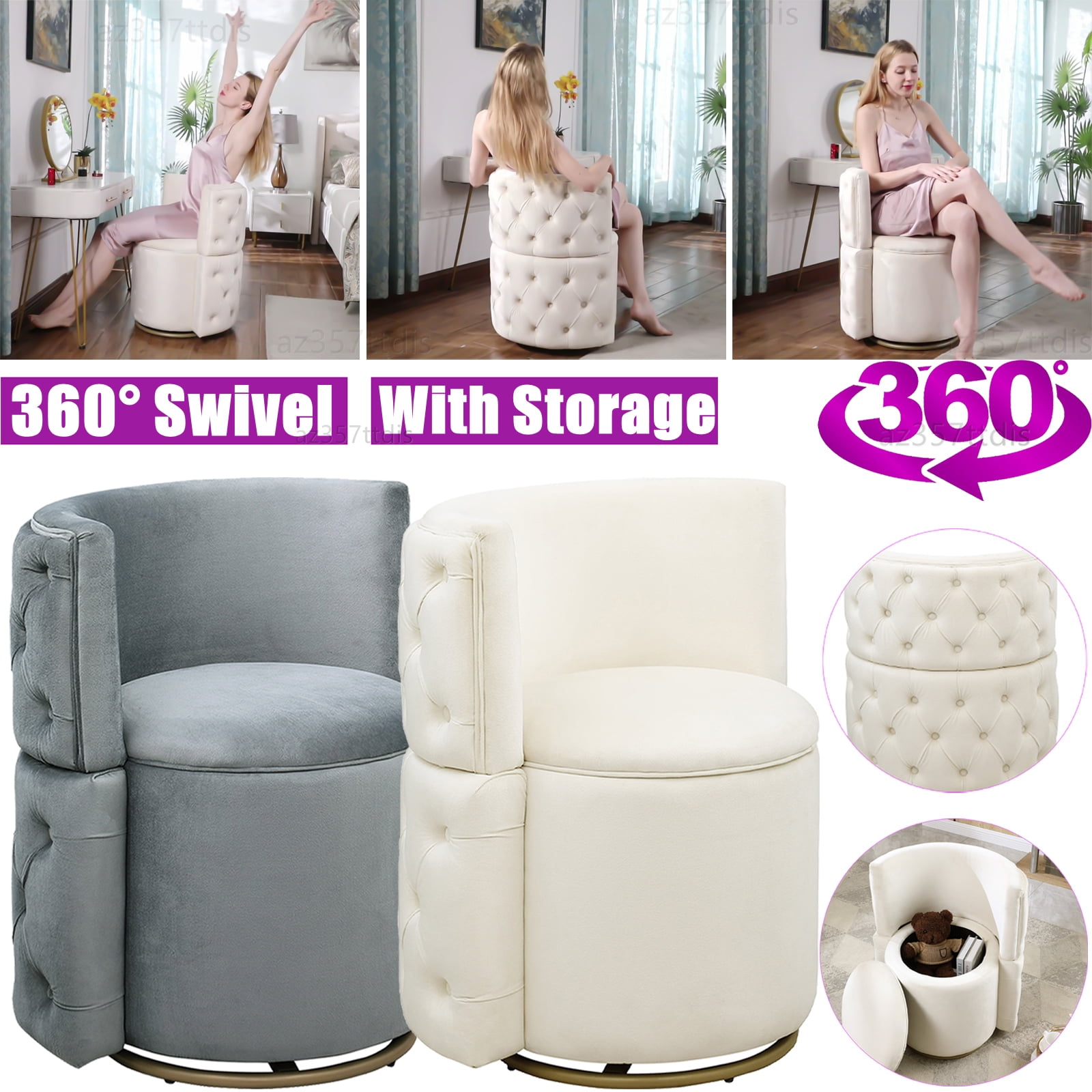 360° Swivel Accent Chair Storage Ottoman Linen Fabric Armchair Bedroom ...