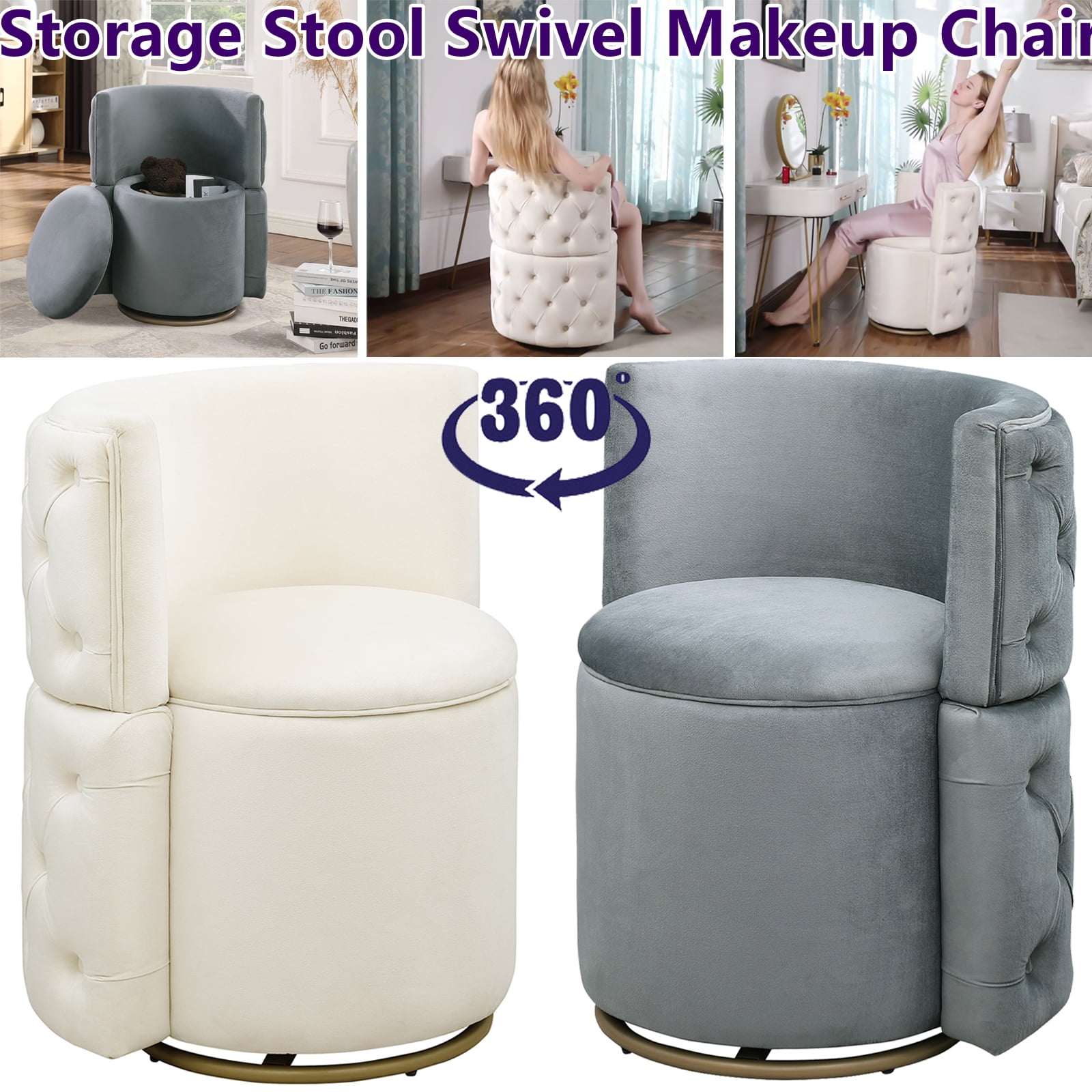 360° Swivel Accent Chair Storage Ottoman Linen Fabric Armchair Bedroom ...