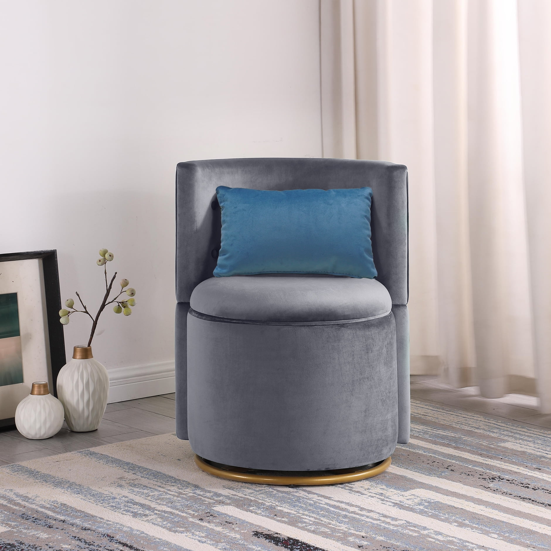 360° Swivel Accent Chair with Storage, Velvet Swivel Barrel Chair with ...