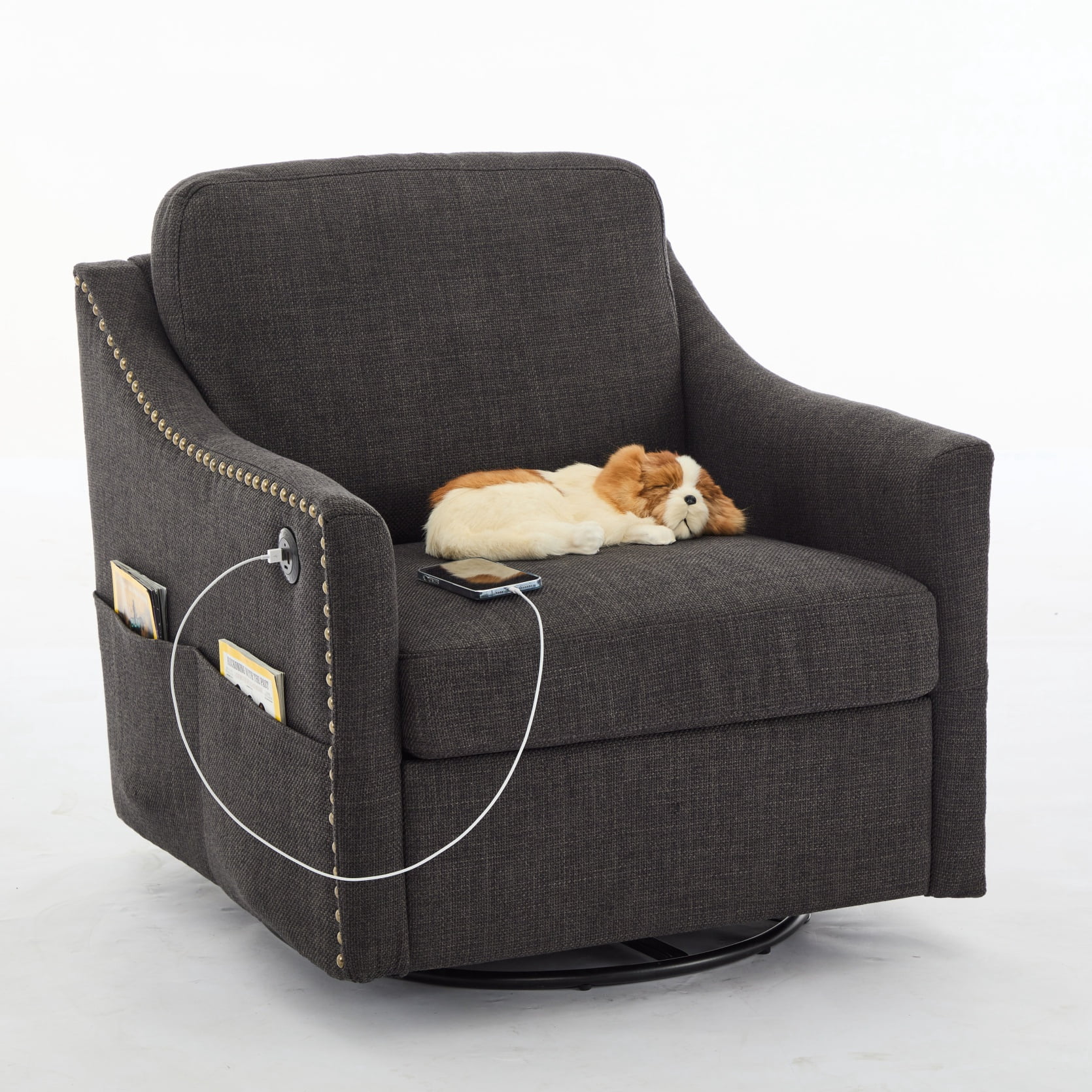 360° Swivel Accent Chair with USB Ports, Upholstered Sofa Chair with ...