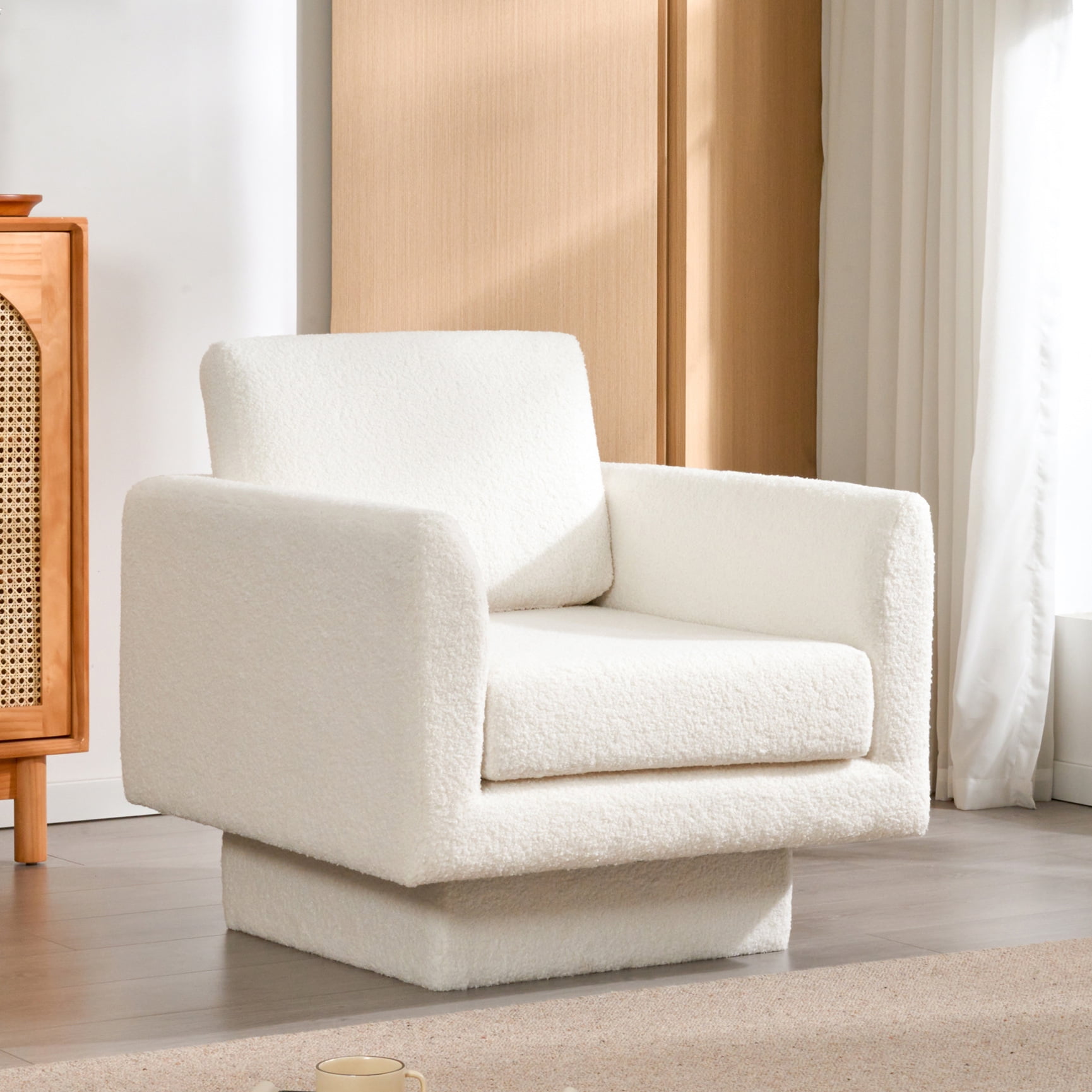 360° Swivel Accent Chair, Upholstered Teddy Thick Padded Arm Chair with ...