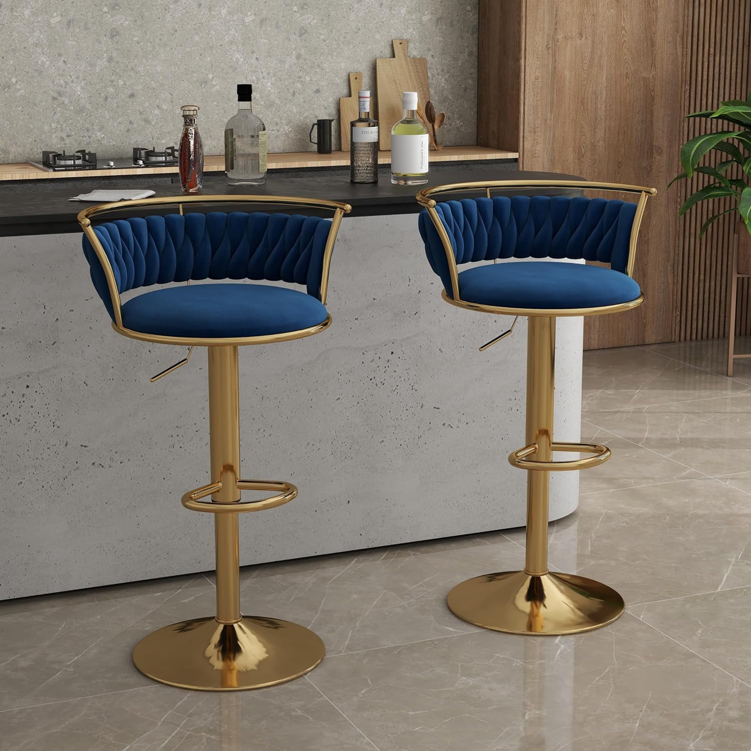 360° Swivel Bar Stools Adjustable Counter Height Velvet Bar Chair Gold ...