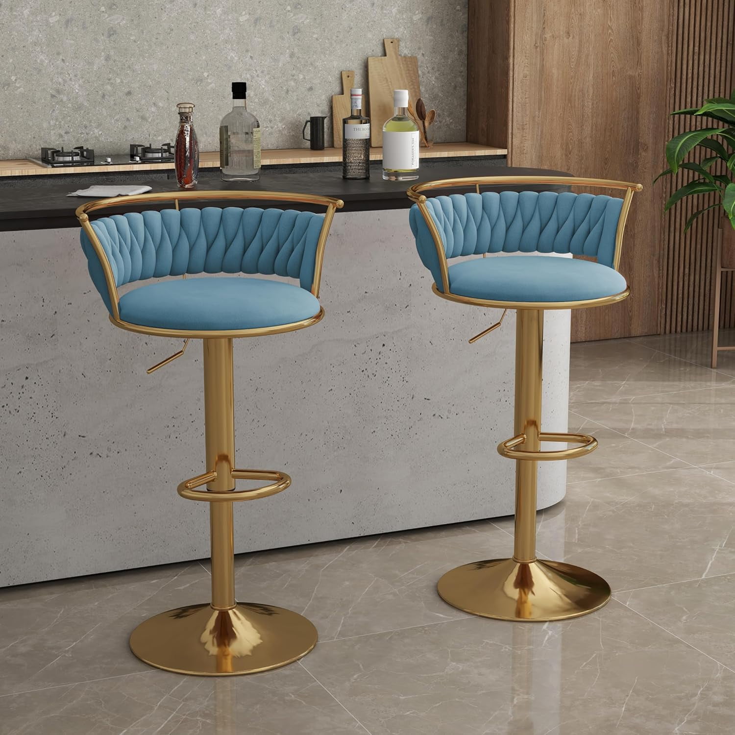 360° Swivel Bar Stools Adjustable Counter Height Velvet Bar Chair Gold ...