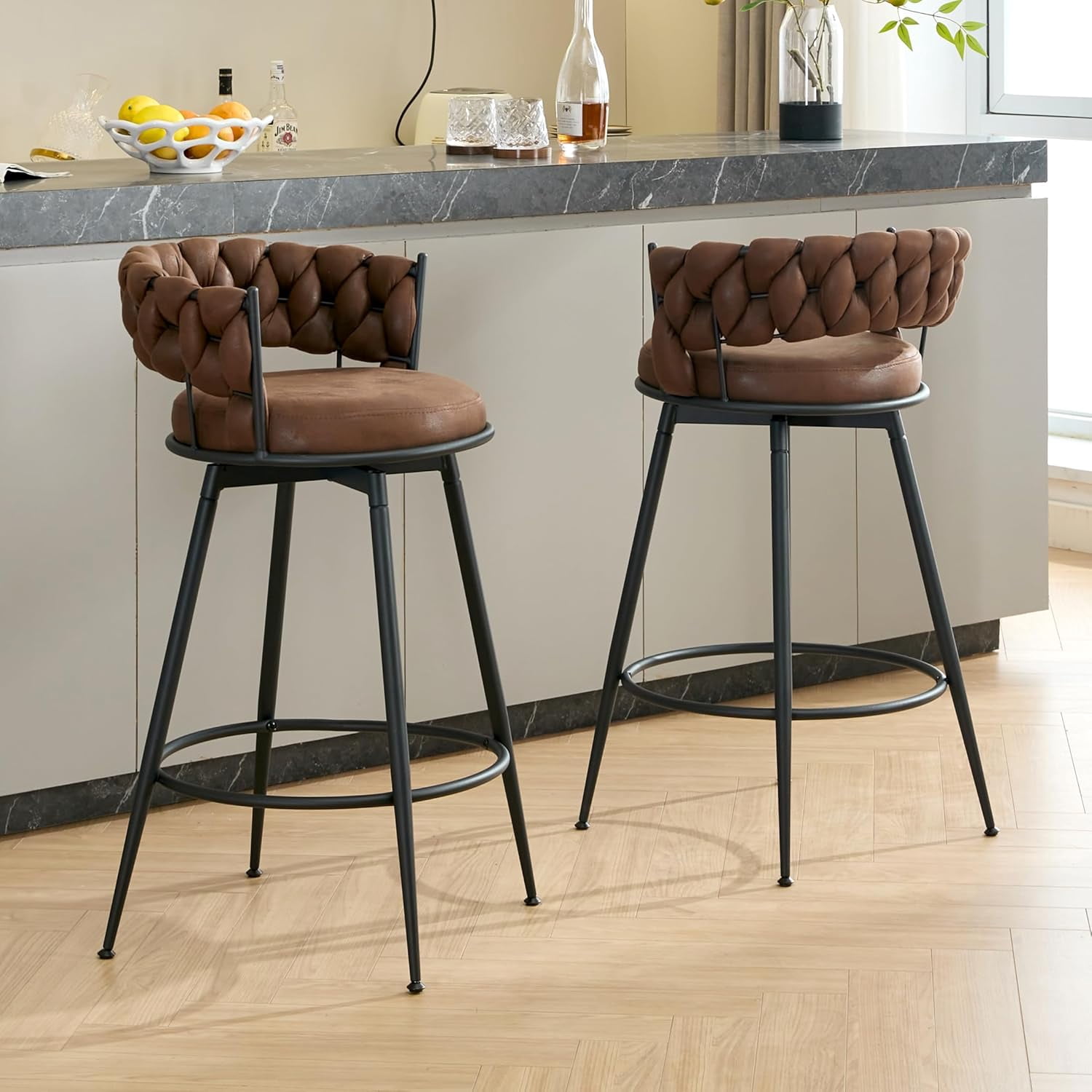 360° Swivel Bar Stools Set of 2, 28 inch Counter Height Bar Stools ...