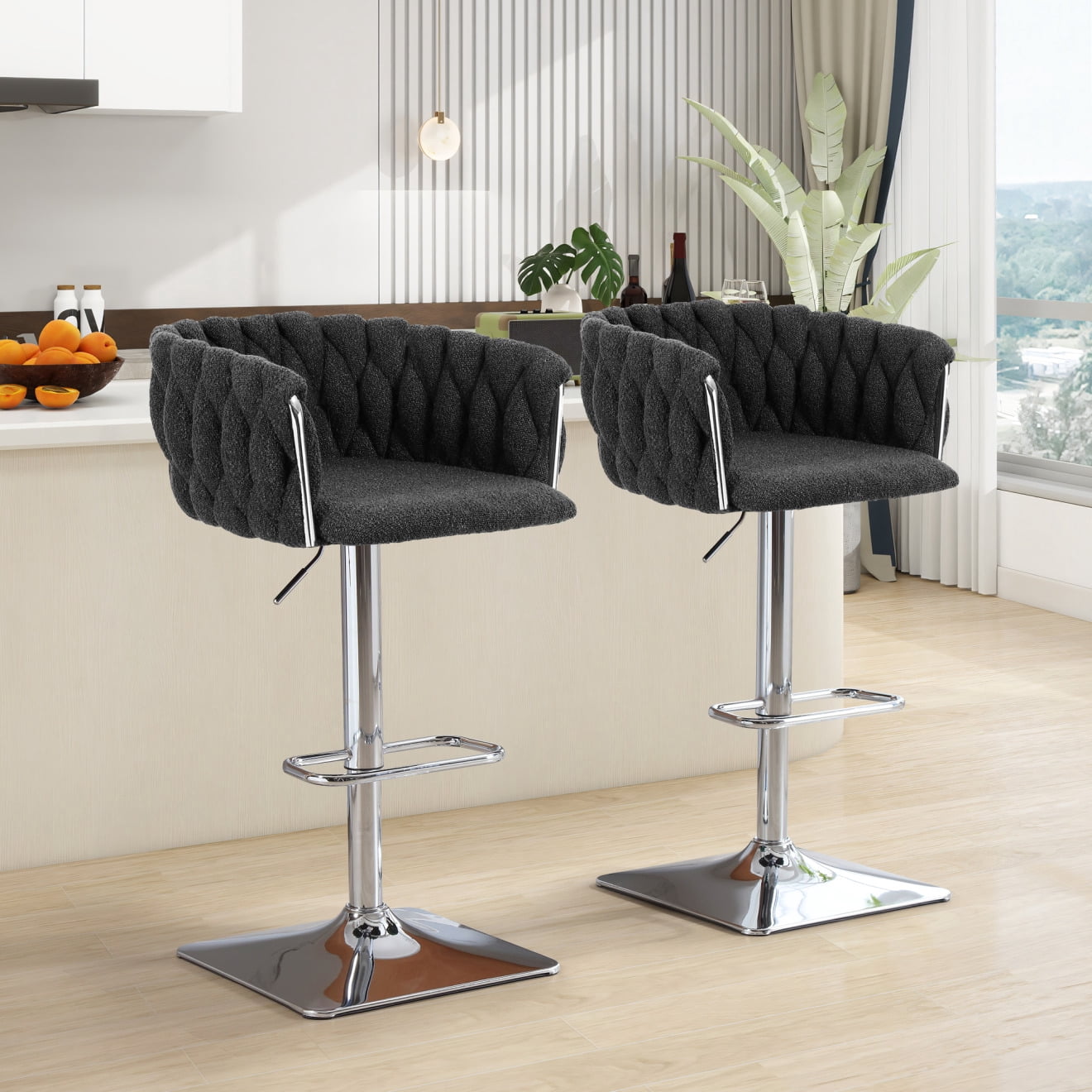 360° Swivel Bar Stools Set of 2, Adjustable Height Barchairs with Woven ...