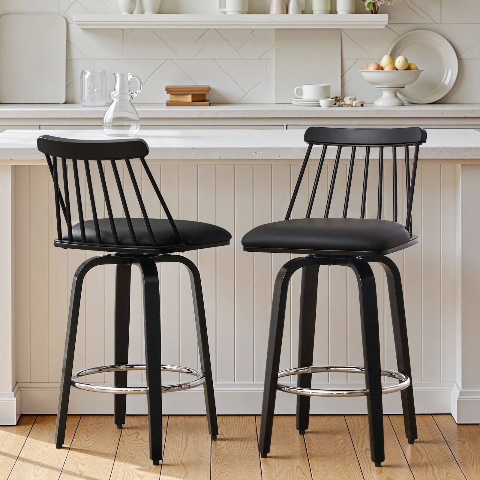 360°Swivel Bar Stools Set of 2 Black Faux Leather Windsor Barstools ...