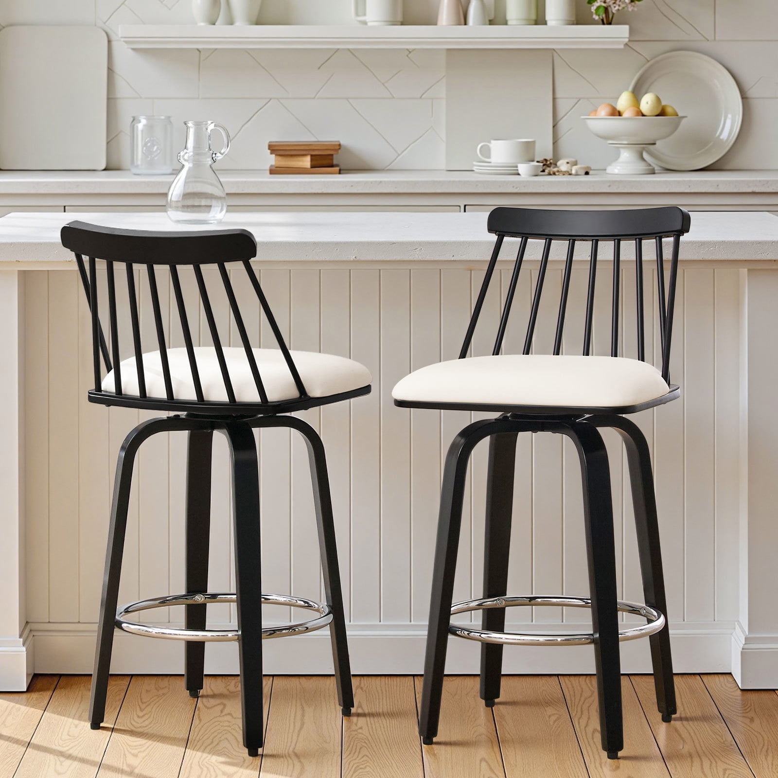 360°Swivel Bar Stools Set of 2 Black Faux Leather Windsor Barstools ...