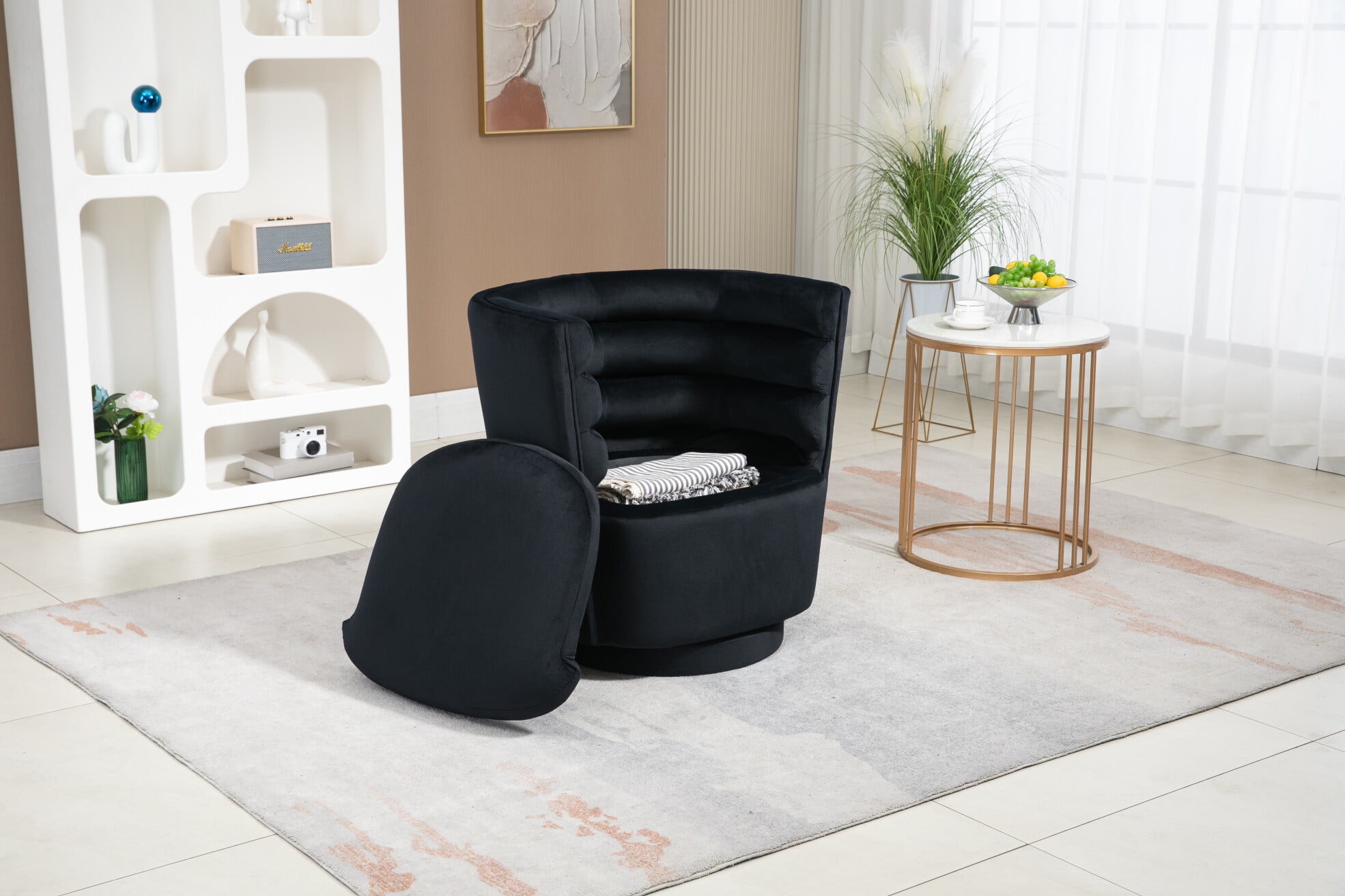 360° Swivel Barrel Accent Chair with Storage, Fluffy Velvet Fabric ...